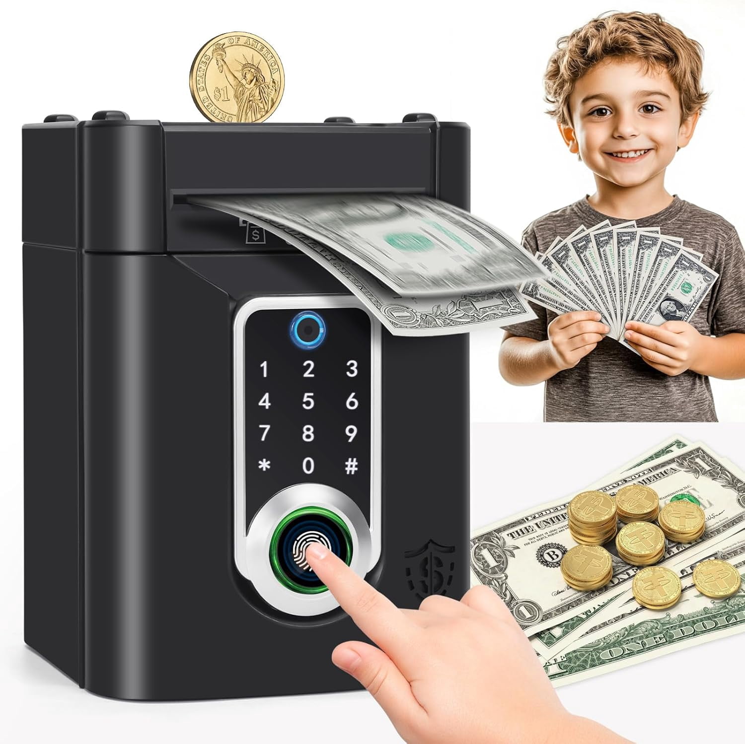 Fingerprint Piggy Bank for Kids, Touchscreen Money Bank Toys for 4 5 6 ...