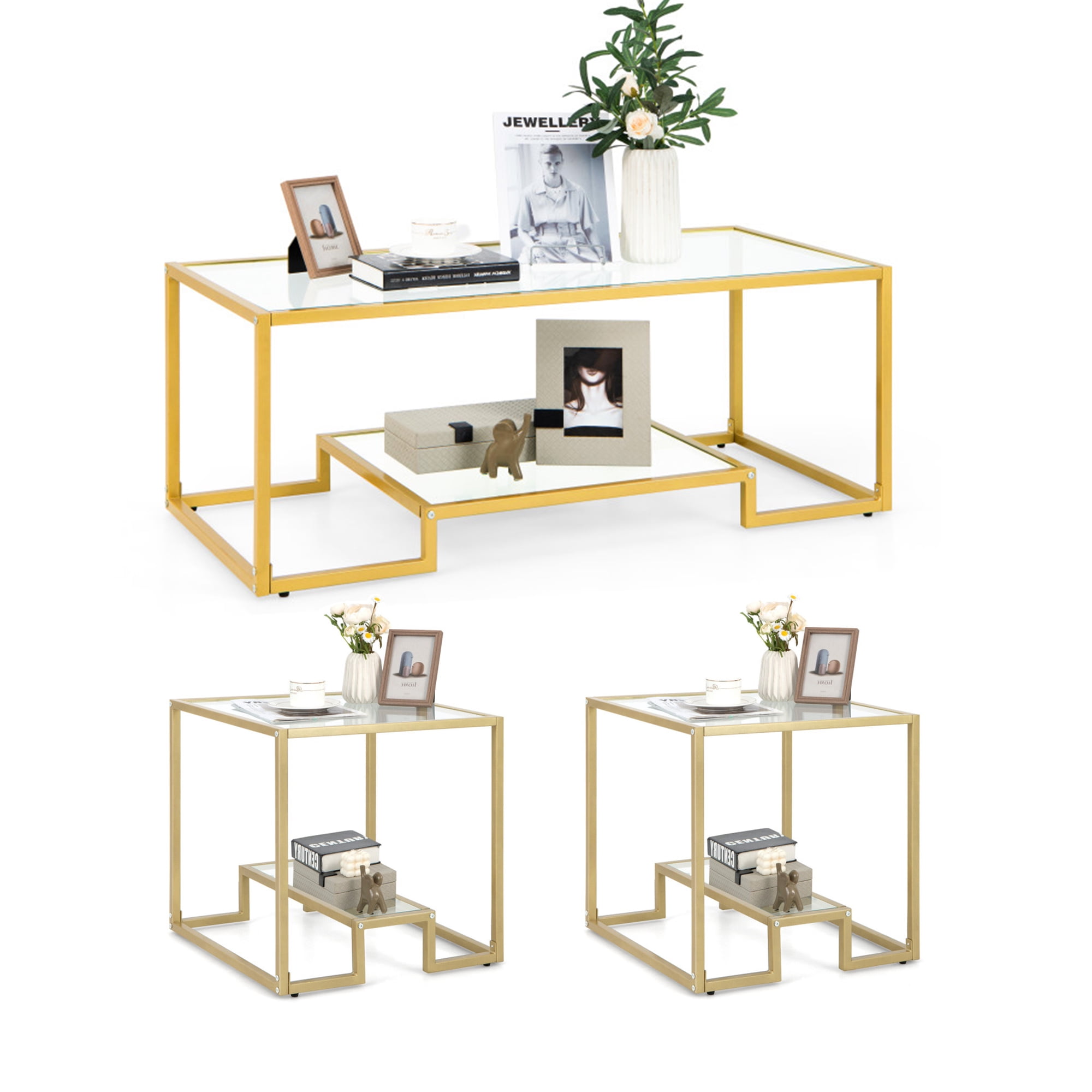 Finihen 3-Piece Coffee Table Set, Modern 2-Tier Rectangular Coffee Table with Glass Table Top ...