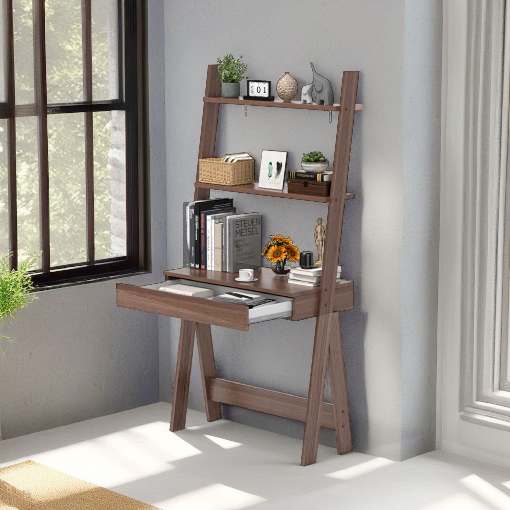 Finihen 3-Tier Ladder Bookshelf, Desk Bookcase with Countertop Drawer ...