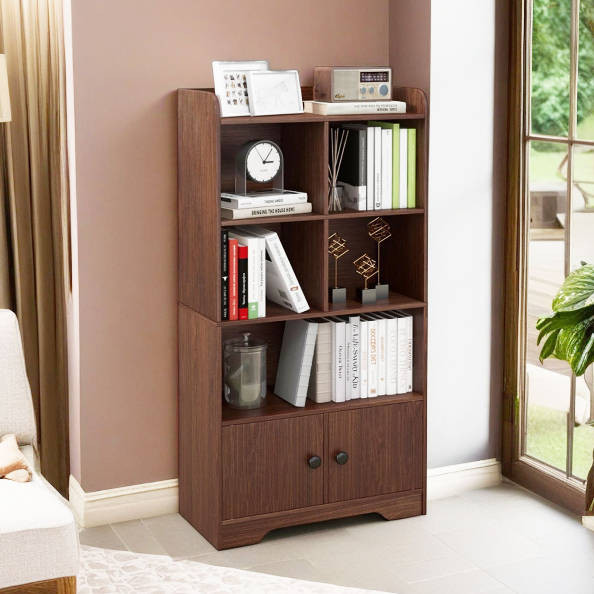 Finihen 4 Tiers Wood Storage Bookcase with 4 Cubes Display Shelf and 2 ...
