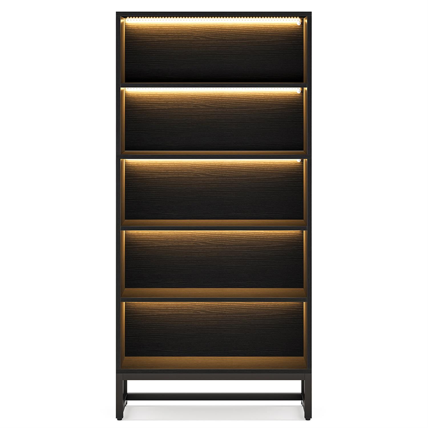 Finihen 5-Tier Bookcase with LED Lights, Wood and Metal Bookshelf ...