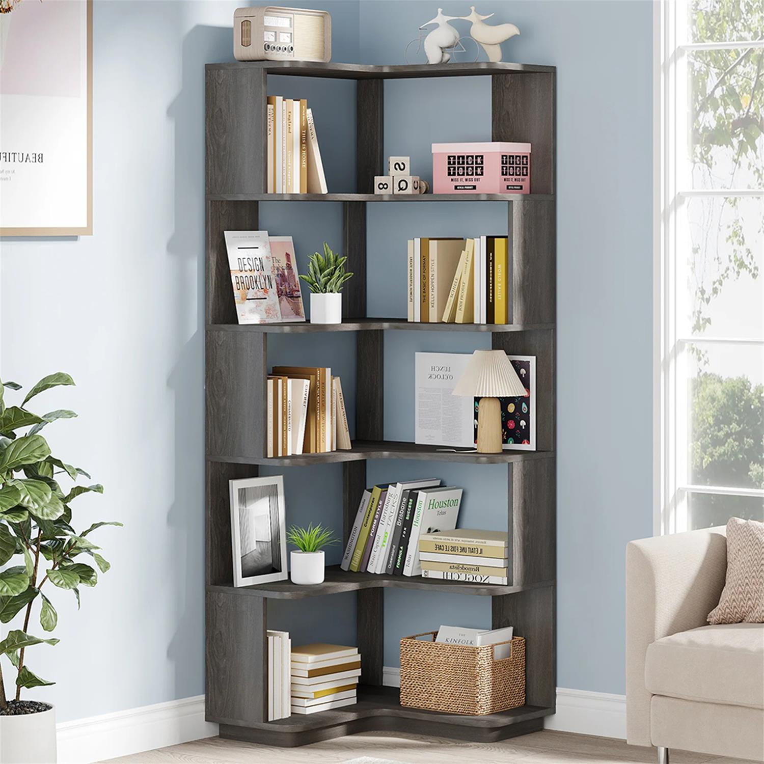 Finihen 6 Tier Bookshelf with Anti-Drop Panel, Corner Bookcase Storage ...