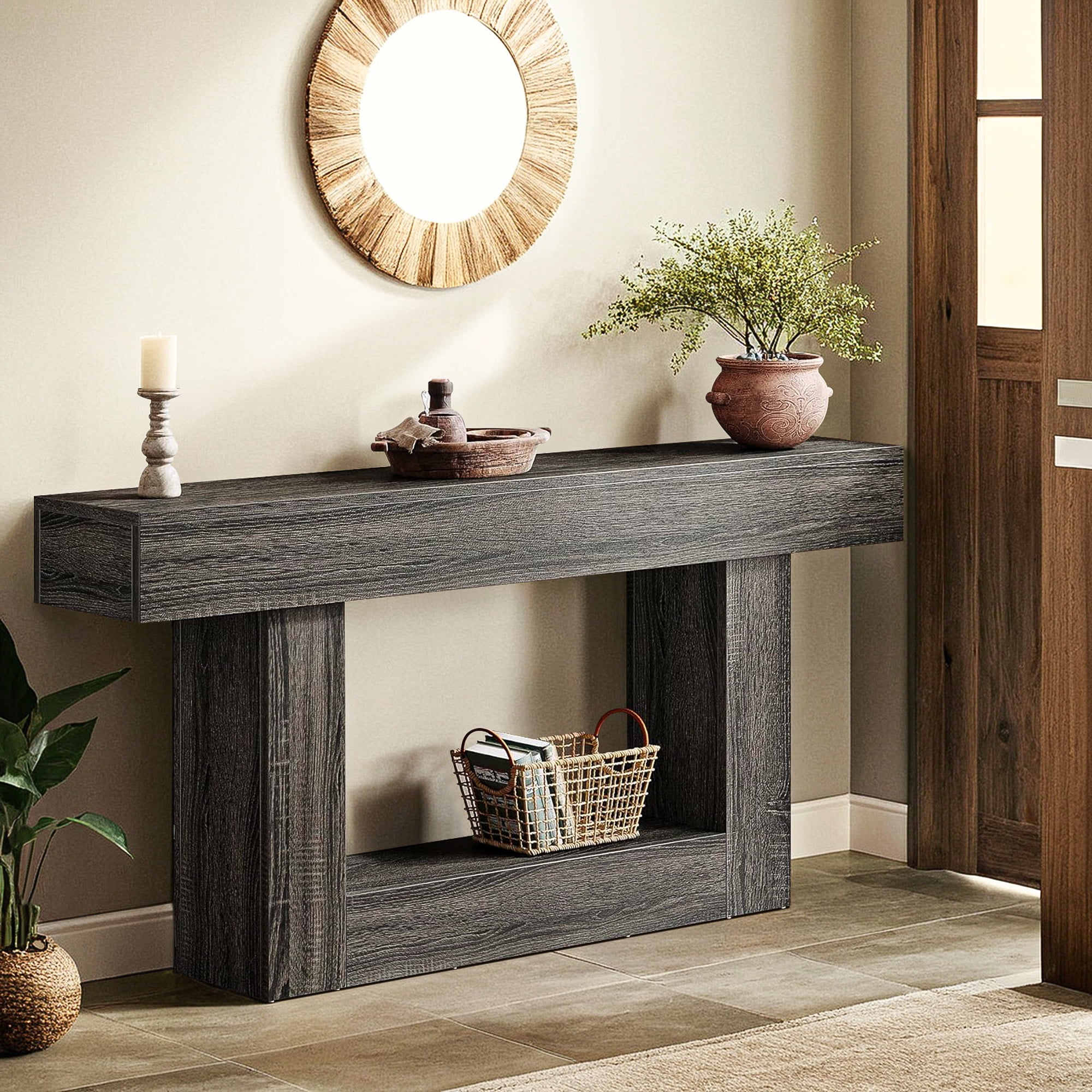 Finihen 63" Wood Console Table, Farmhouse 2-Tier Sofa Table Entryway ...