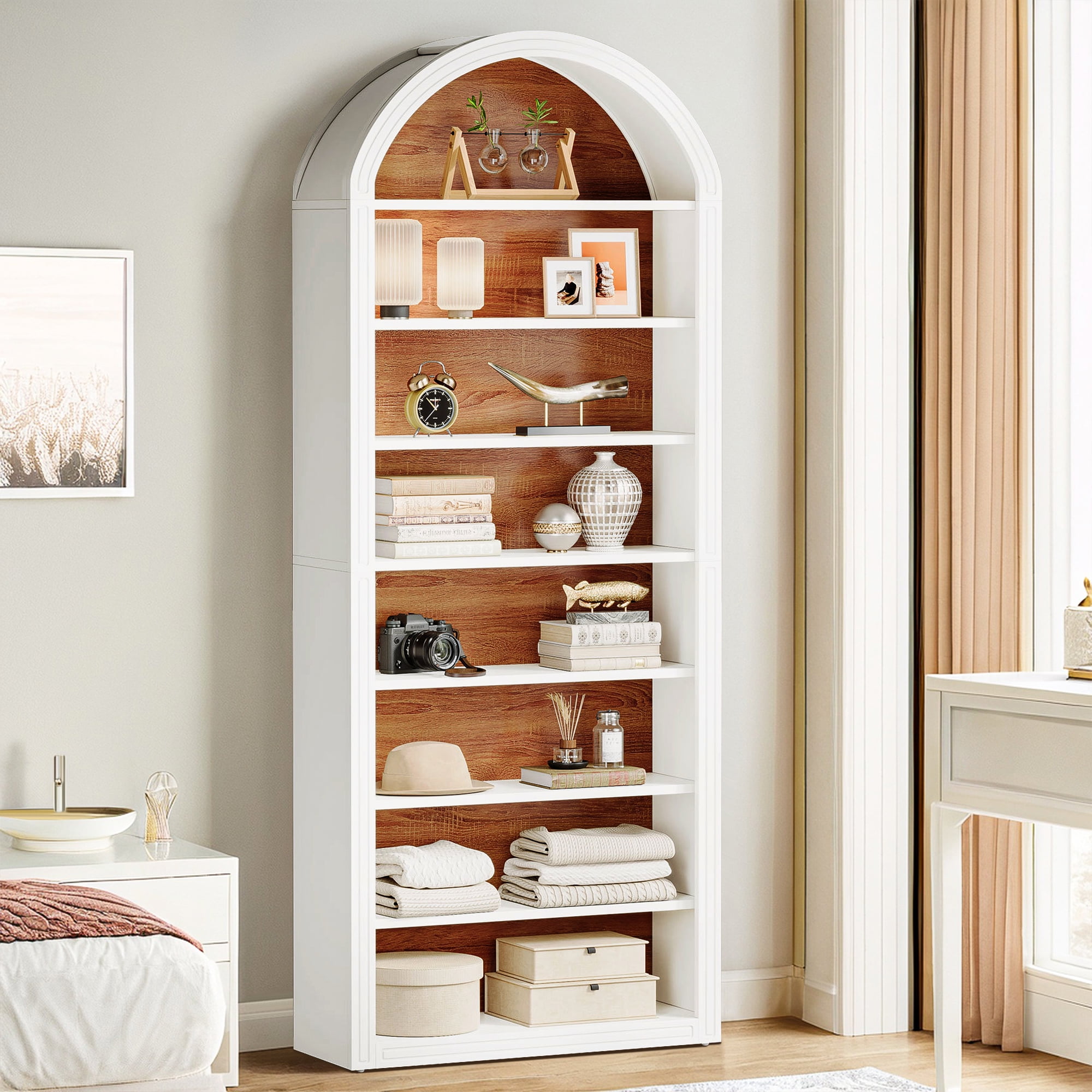 Finihen 78.7" Bookshelf, 8-Tier Wooden Arched Bookcase Display Shelving ...