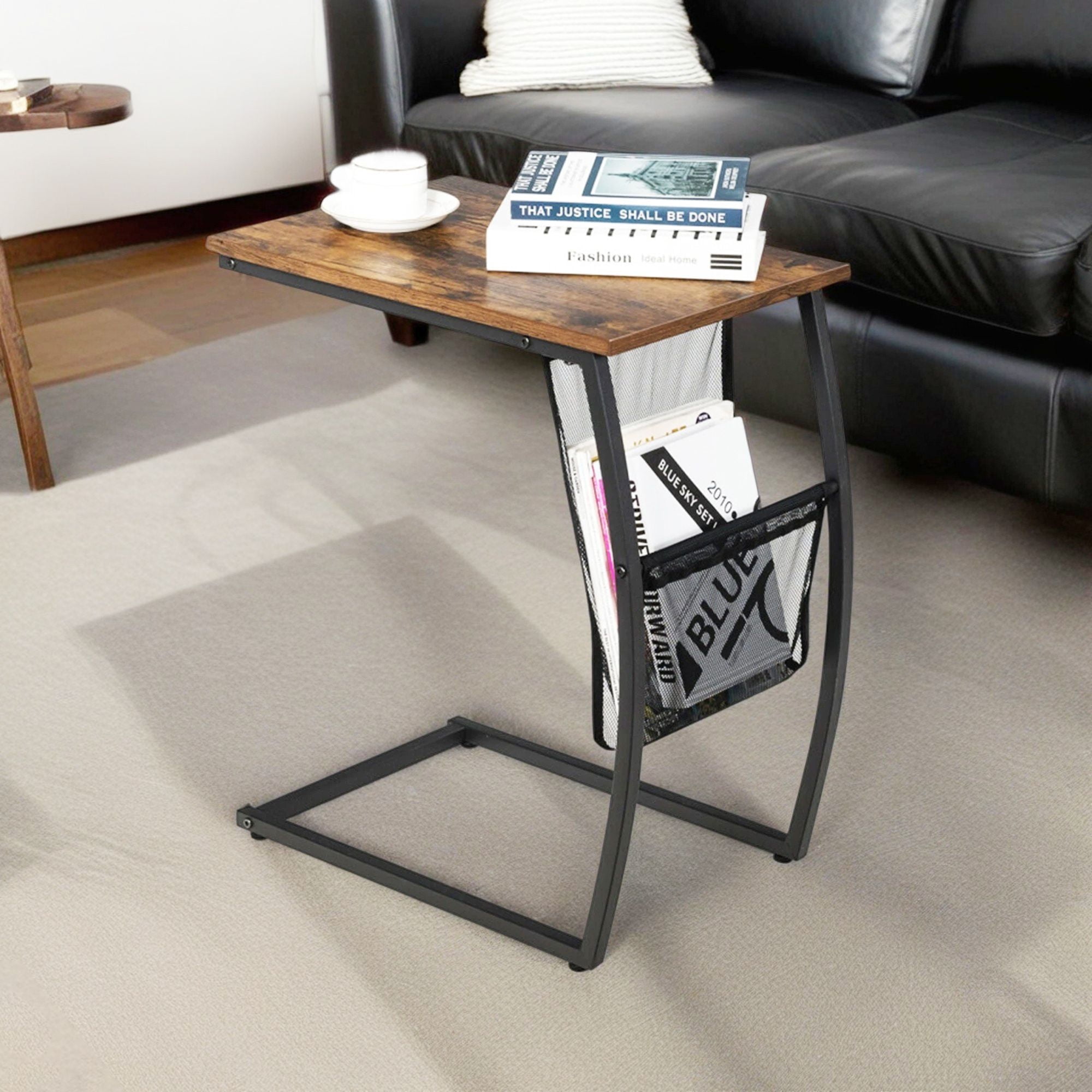 Finihen C-shaped Vintage End Table with Side Pocket and Metal Frame ...