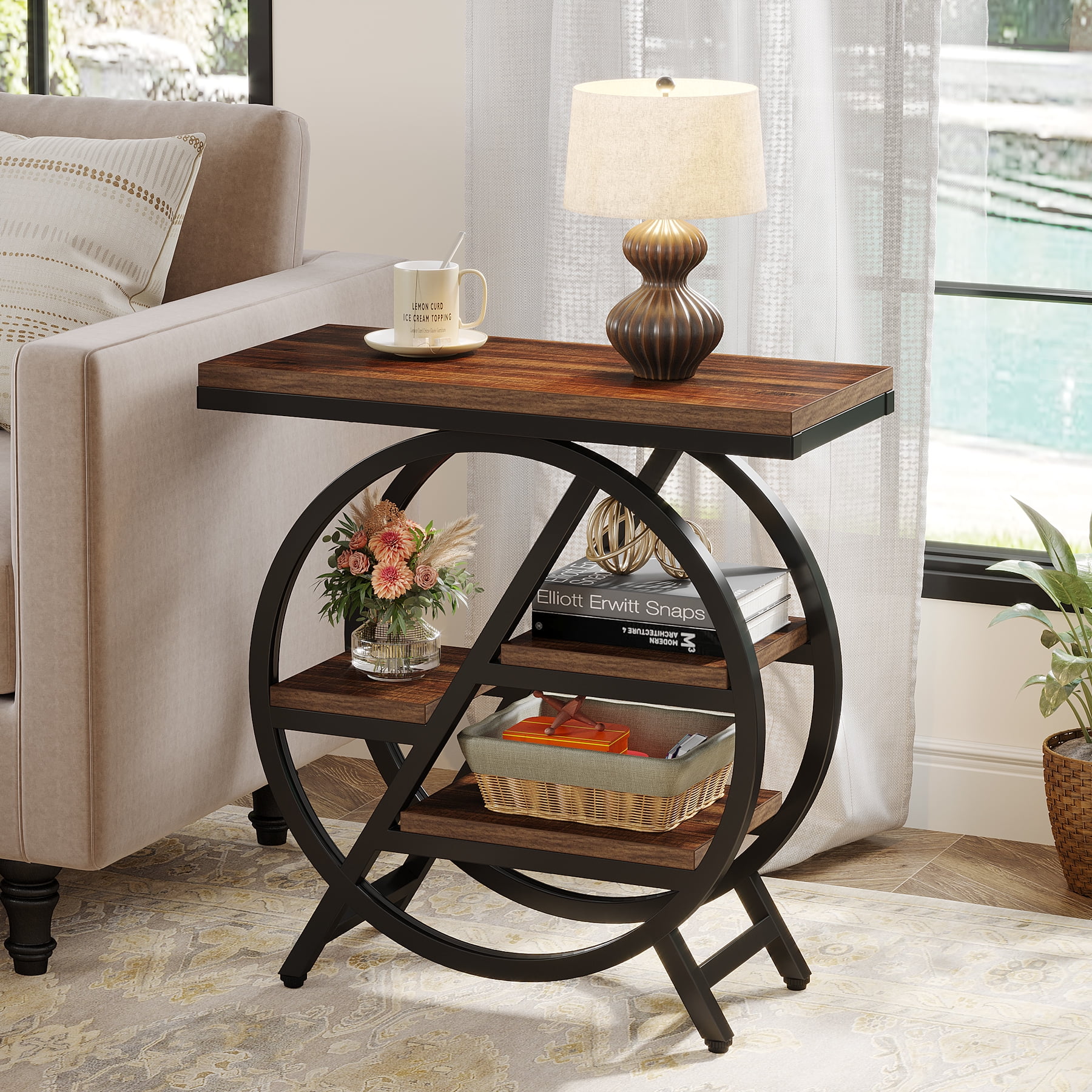 Finihen Half-Round End Table, 3-Tier Narrow Side Table with Metal Frame ...