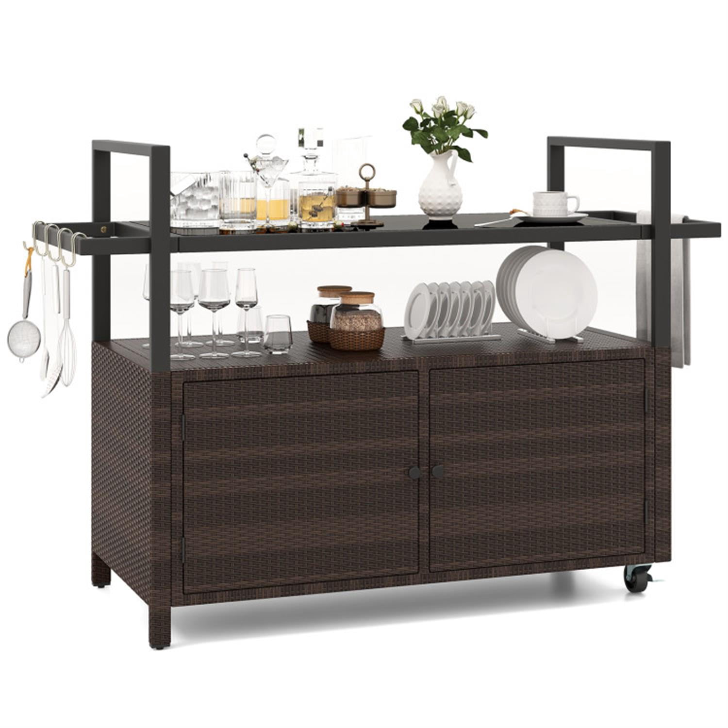 Finihen Outdoor Bar Cart Wicker Buffet Serving Cart with Cabinet and 8 ...