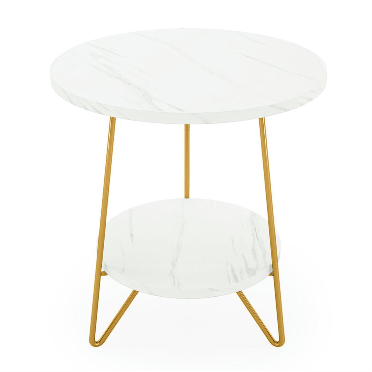 Finihen Round Sofa Side Table with Storage Shelf, 2 Tiers Faux Marble ...