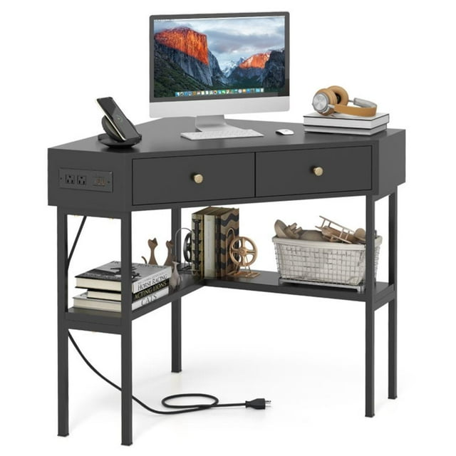 Finihen Triangle Corner Desk with Charging Station with 2 Drawers and ...