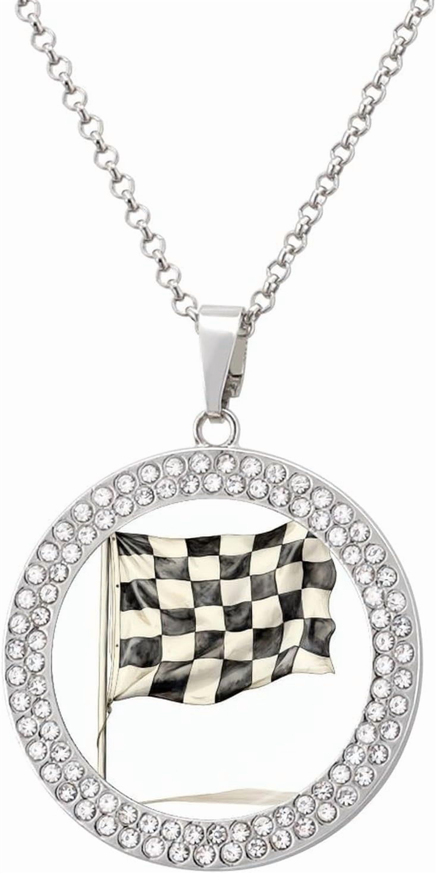 Finish Flag Black White Checkered Pattern Round Pendant Necklace Silver ...