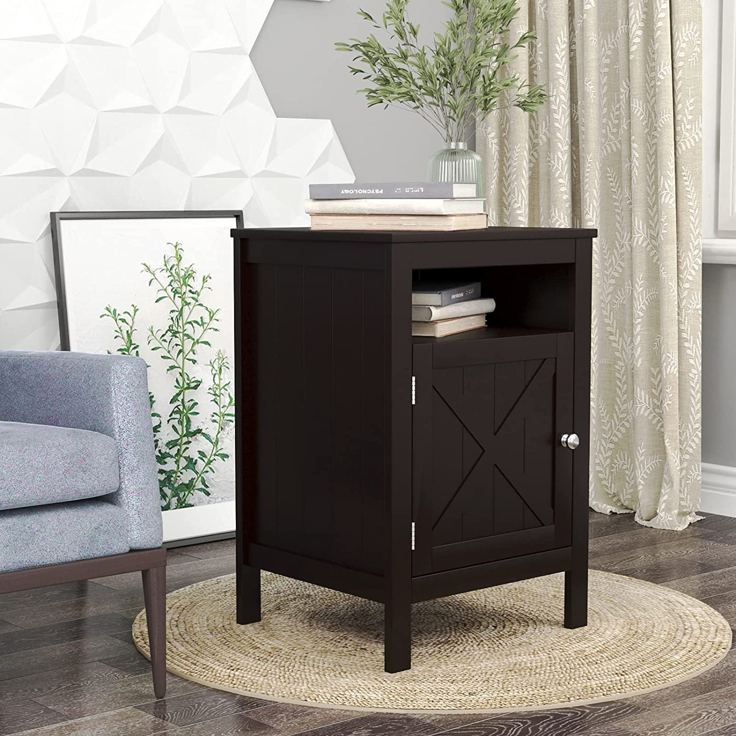 Finish Nightstand Side End Table with Barn Door Cabinet and Open Shelf ...