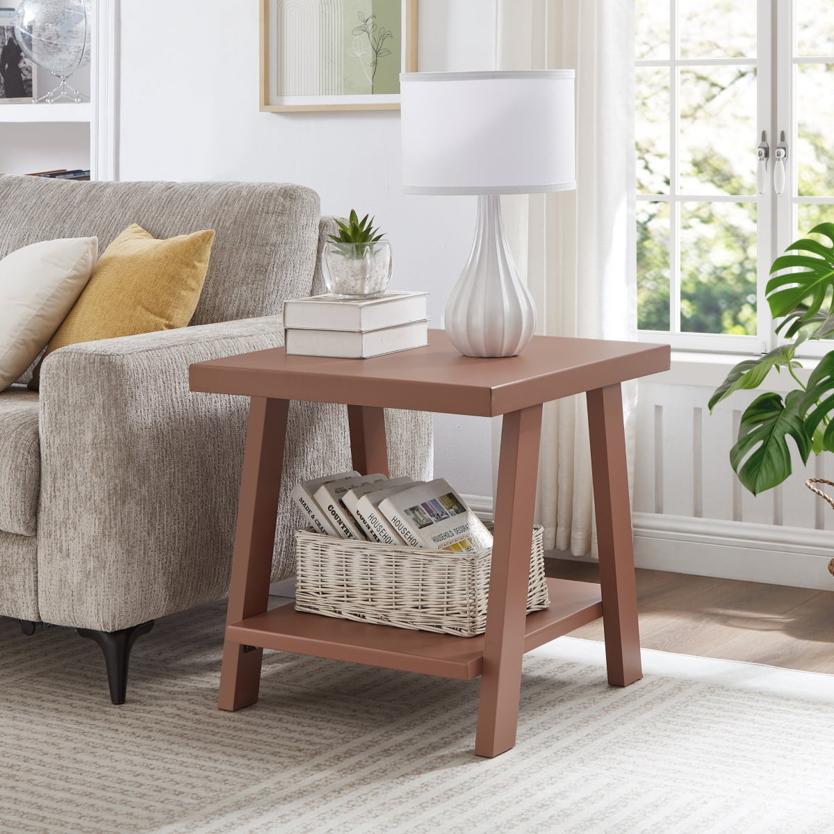 Finish Wood Veneer End Table With Open Storage Shelf Wide Angle Legs ...