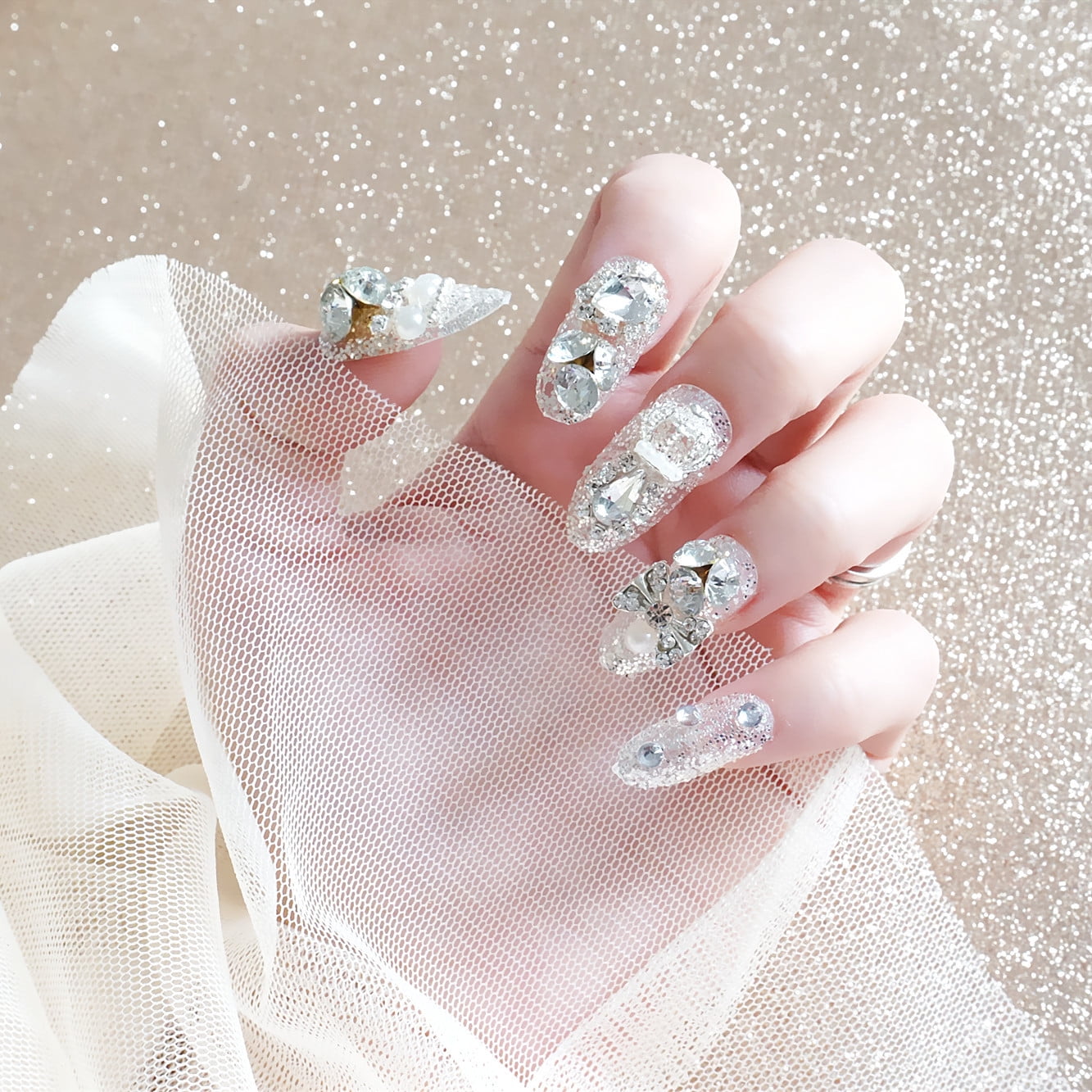 Finished Fake Nails Wearing Armor Removable Silver Water Drops ...