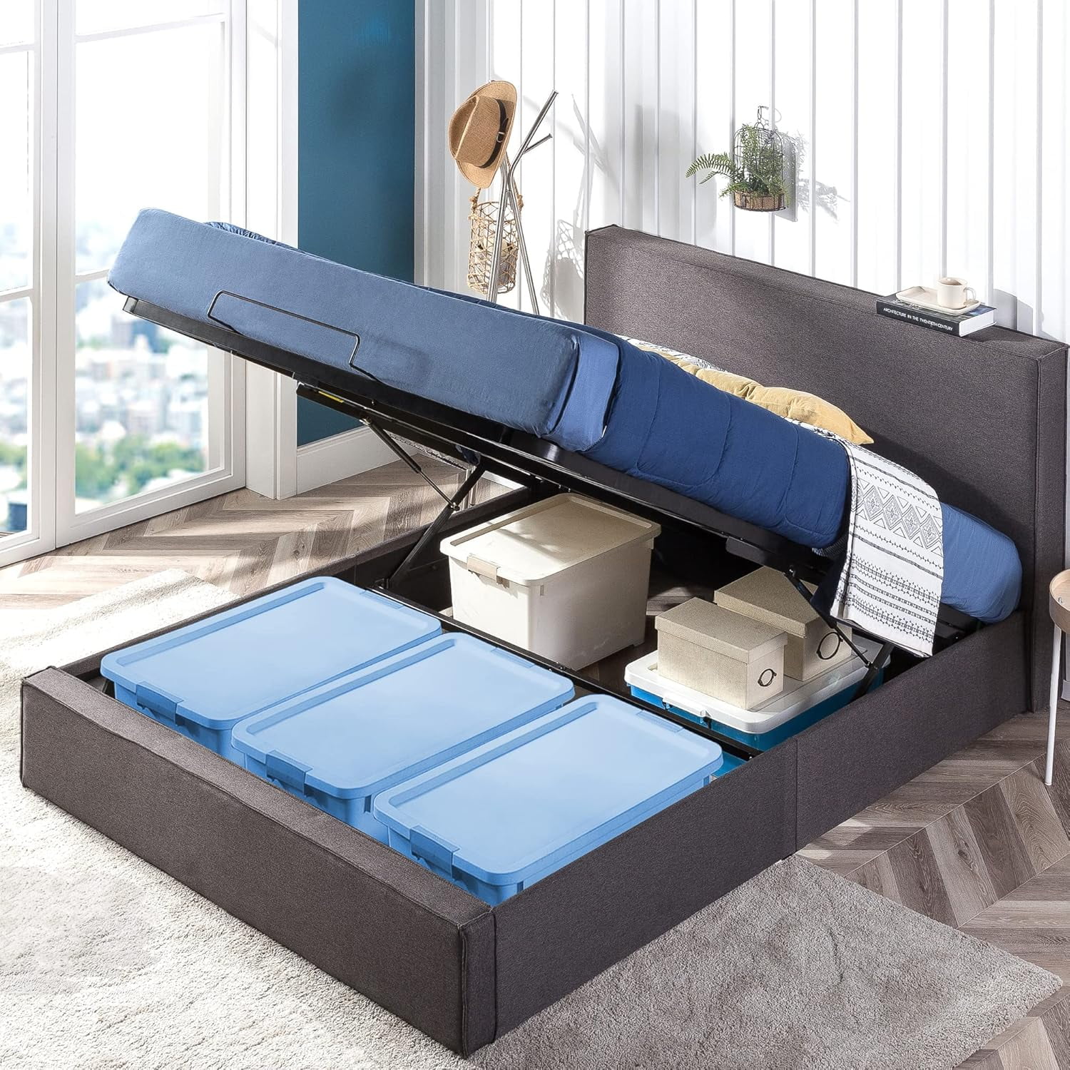 Finley Upholstered Platform Bed Frame with Lifting Storage, Hydraulic ...
