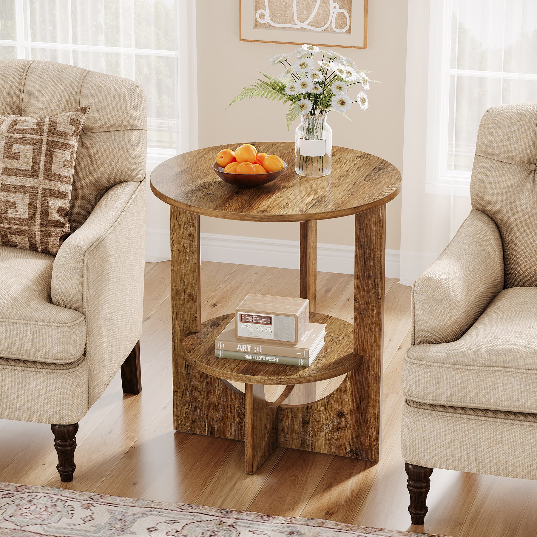 Finmind 2-Tier Round End Table with Storage, Narrow Side Table for ...
