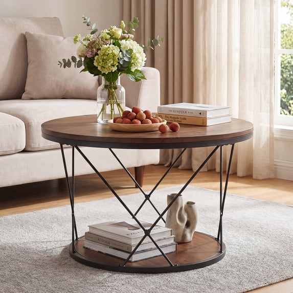Finmind 2-Tier Solid Wood Round Coffee Table, 31.5" Industrial Circle ...