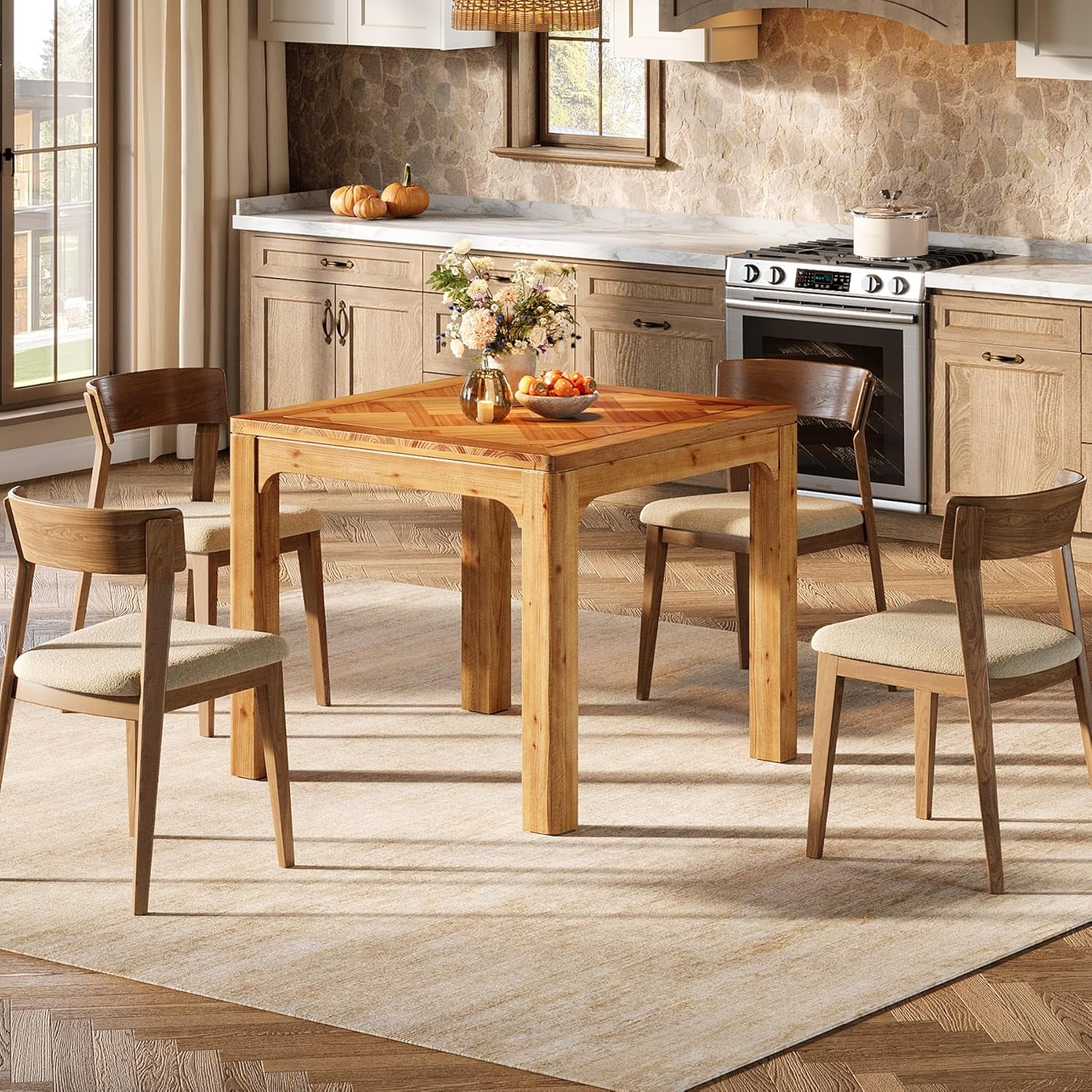 Finmind 31.5" Square Rustic Dining Table, Solid Wood Kitchen Table with ...