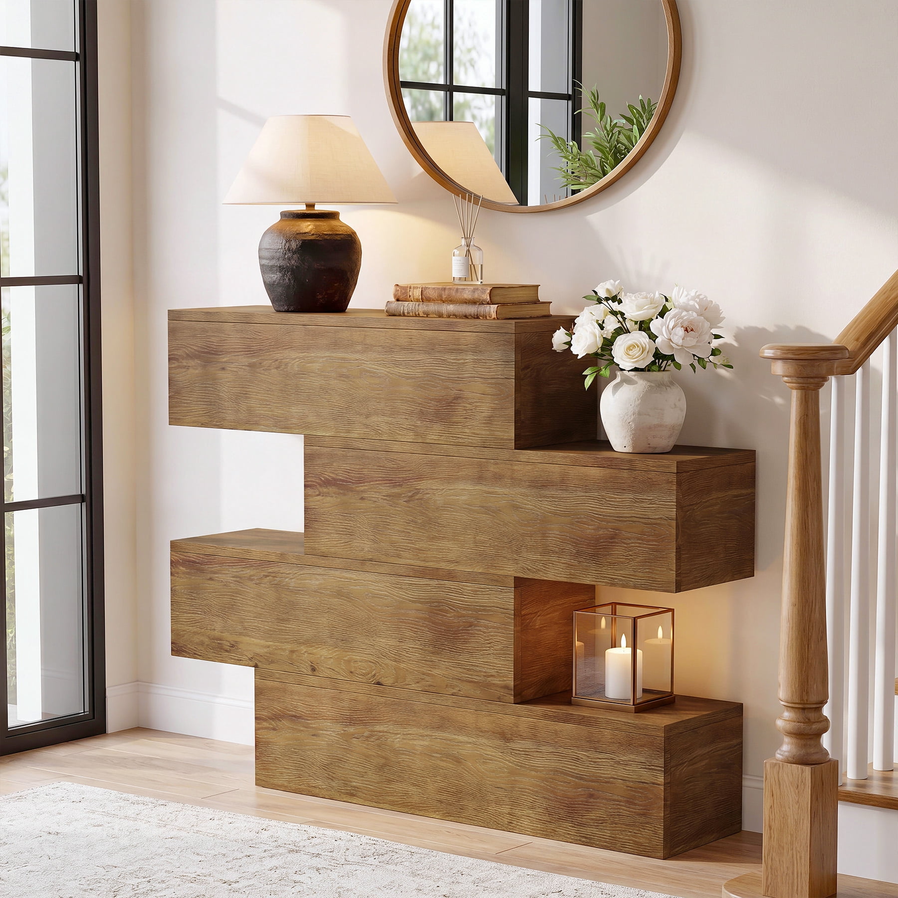 Finmind 43.3" Solid Wood Console Table with 4-Tier Staggered Geometric ...
