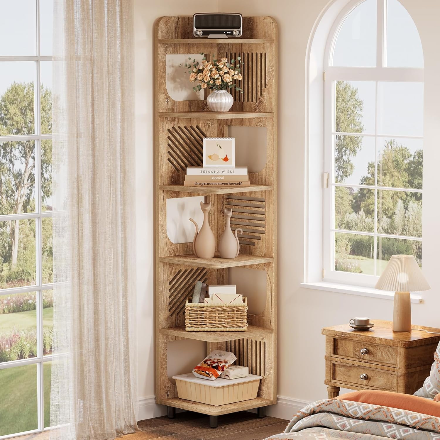 Finmind 6-Tier Tall Corner Bookshelf, 71" Narrow Rustic Corner Display ...