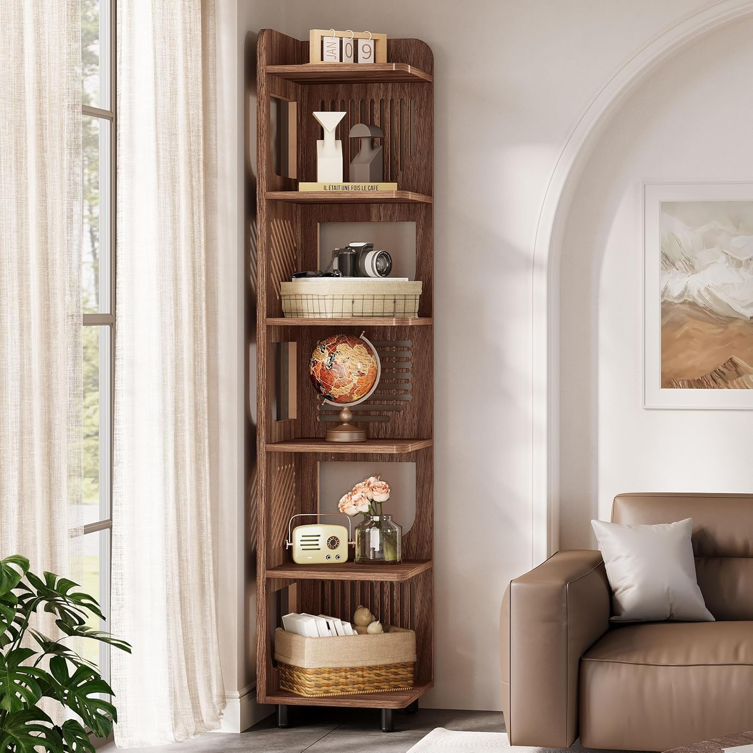 Finmind 6-Tier Tall Corner Shelf, 71-Inch Rustic Narrow Corner ...