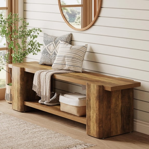 Finmind 63" Entryway Bench, 2-Tier Farmhouse Narrow Long End of Bed ...