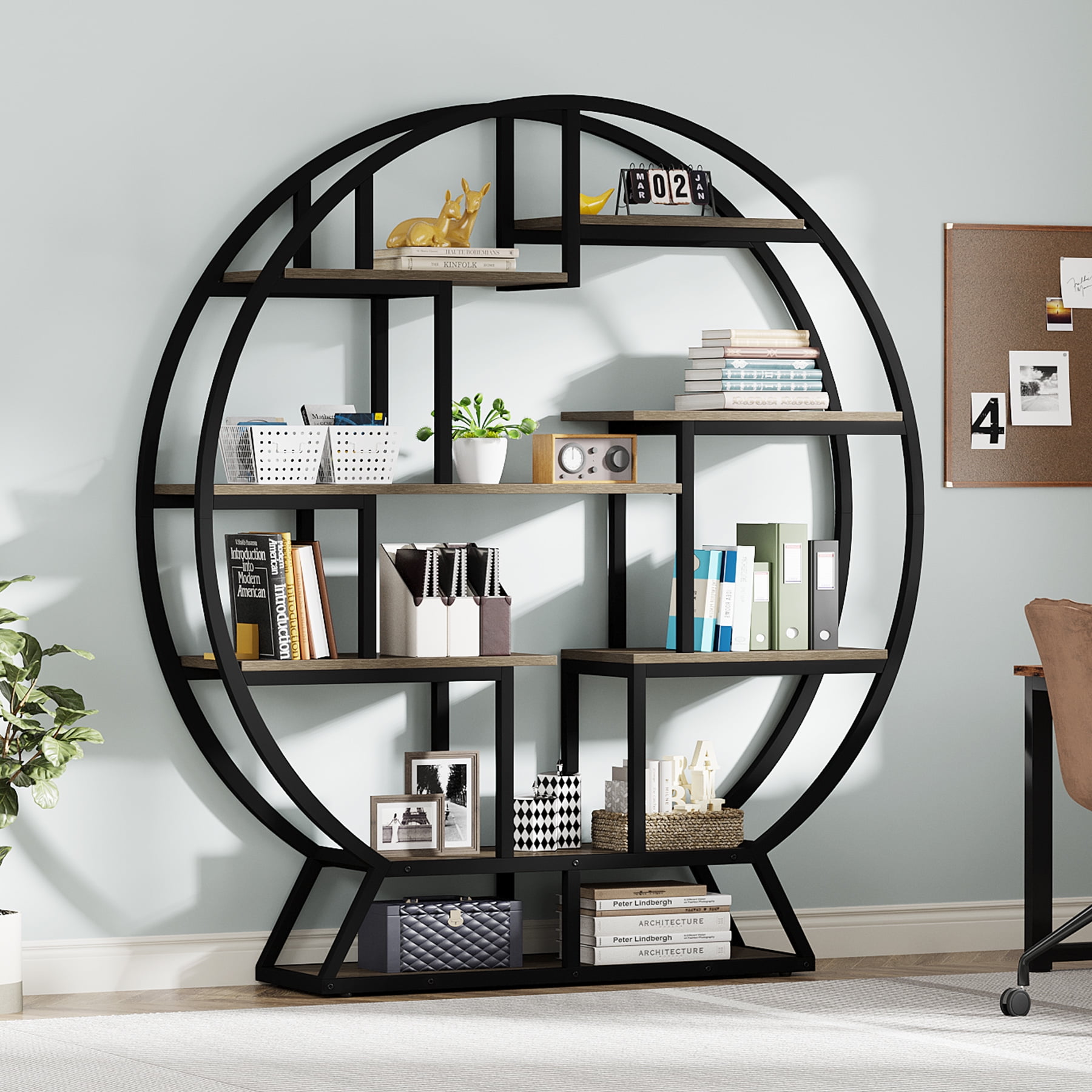Finmind 63-inch Round Bookshelf, Industrial Wood Book Shelf with ...