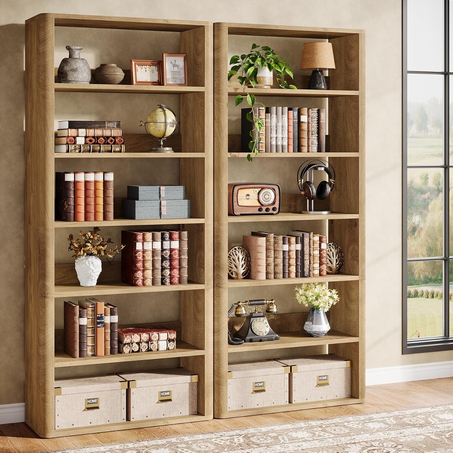 Finmind 70.9-Inch Tall Bookcase Set of 2 , 6-Tier Open Wood Bookshelf ...