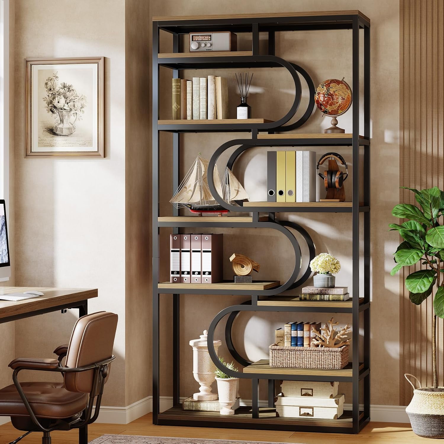 Finmind 71" 5-Tier Industrial Bookshelf, Tall Freestanding Etagere ...