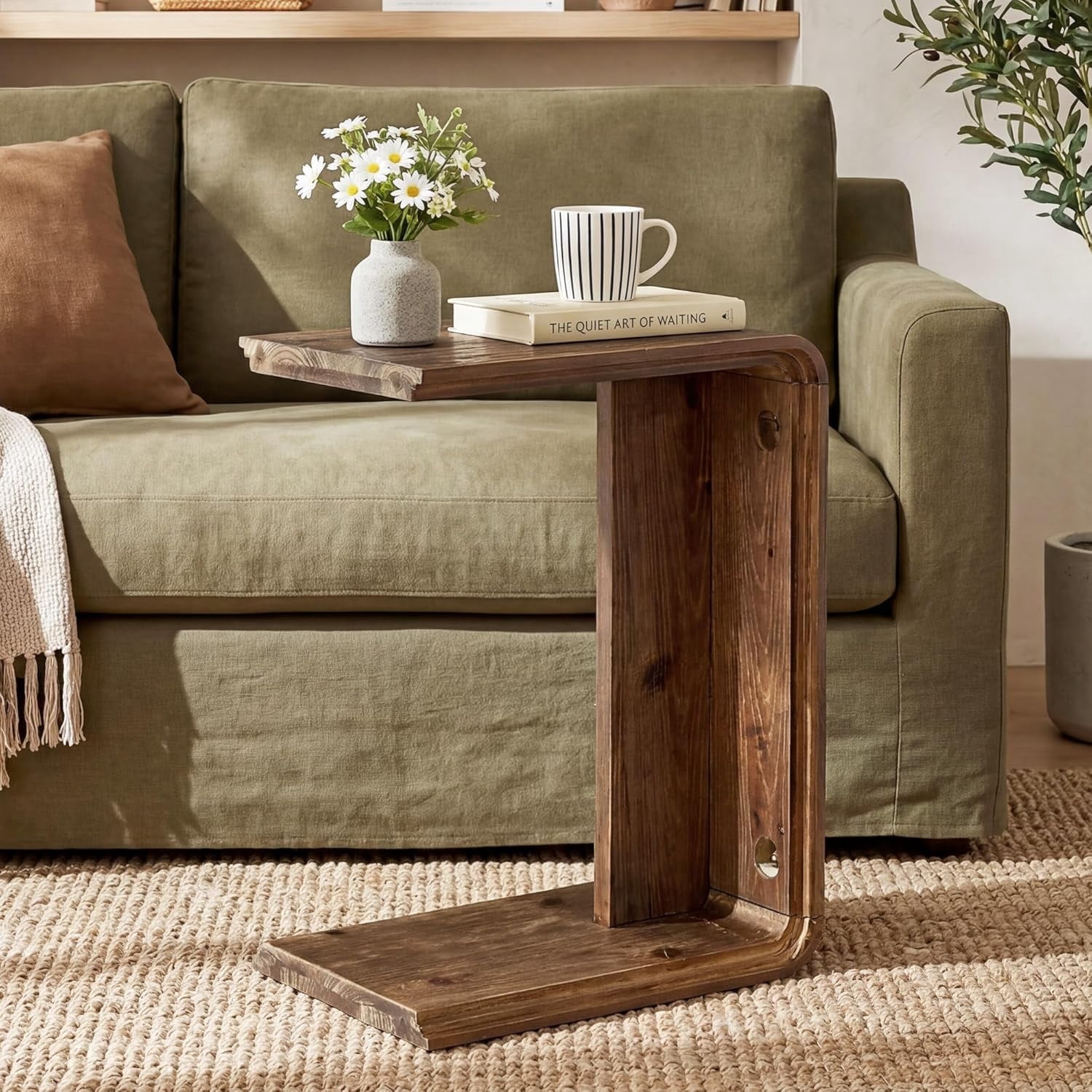 Finmind C-Shaped Solid Wood End Table, Narrow Wooden Sofa Side Table ...
