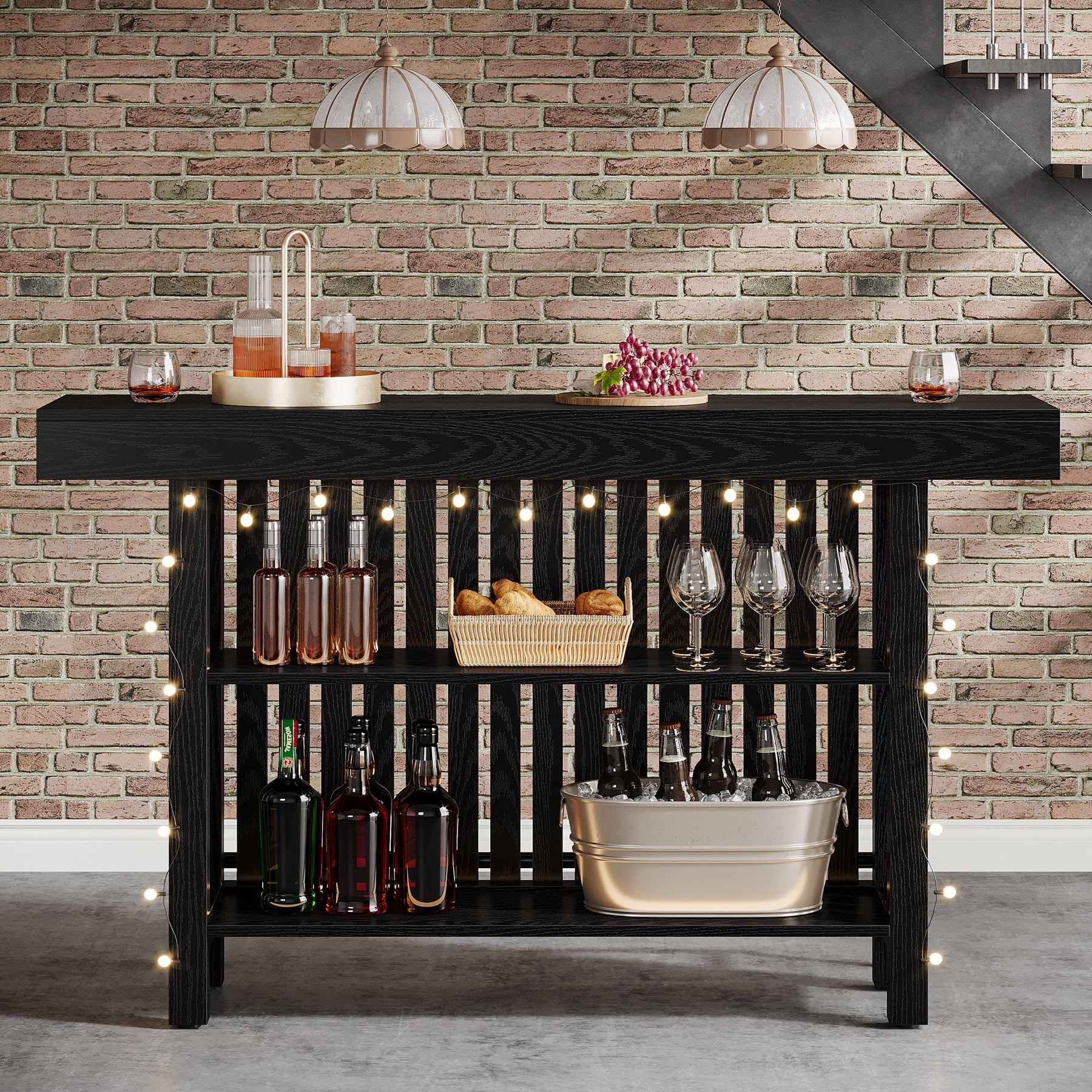 Finmind Farmhouse 2-Tier Bar Table, 63 Inch Home Bar Unit with Footrest ...