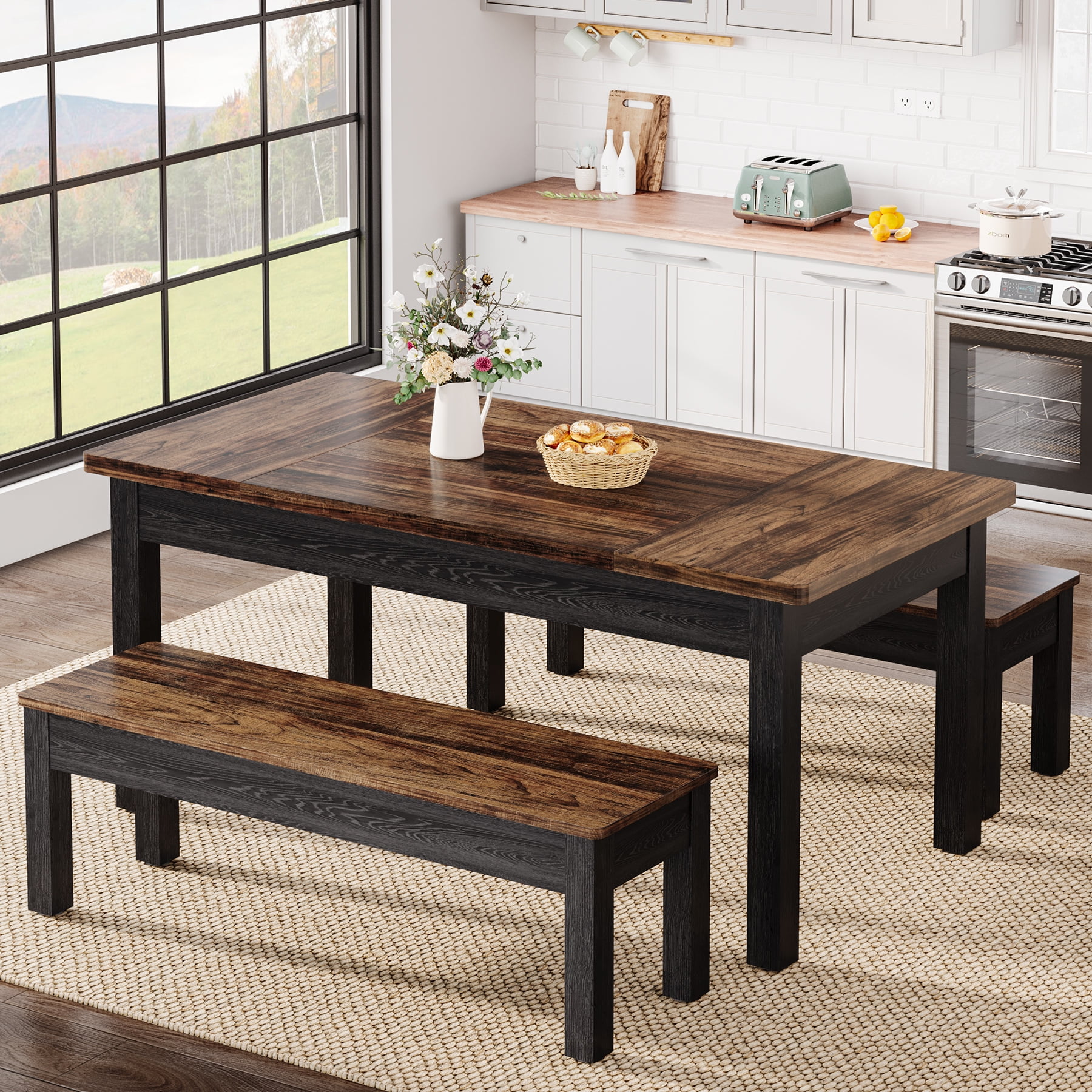 Finmind Farmhouse Kitchen Table Set for 4-6, 55-Inch Wooden Dining ...