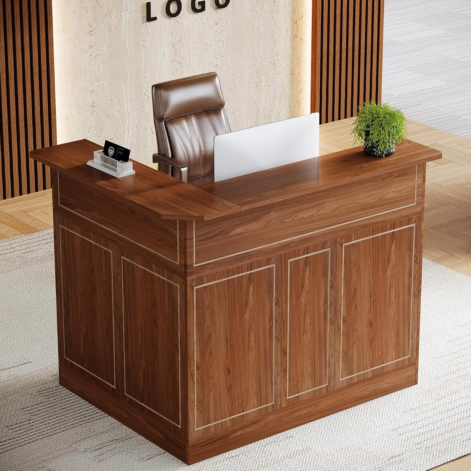 Finmind L-Shaped Reception Desk with Storage Shelves, Modern Front ...