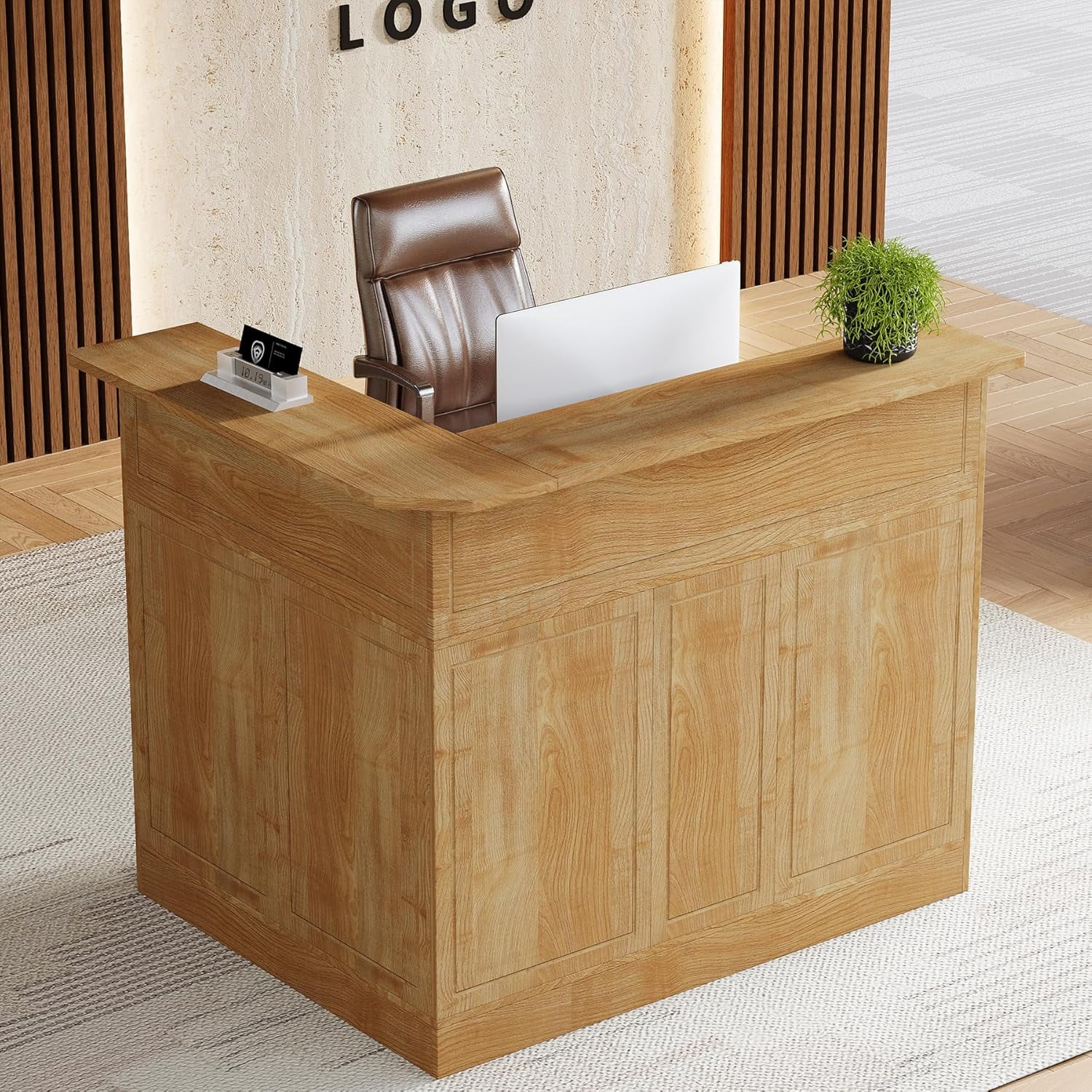 Finmind L-Shaped Reception Desk with Storage Shelves for Small Office ...