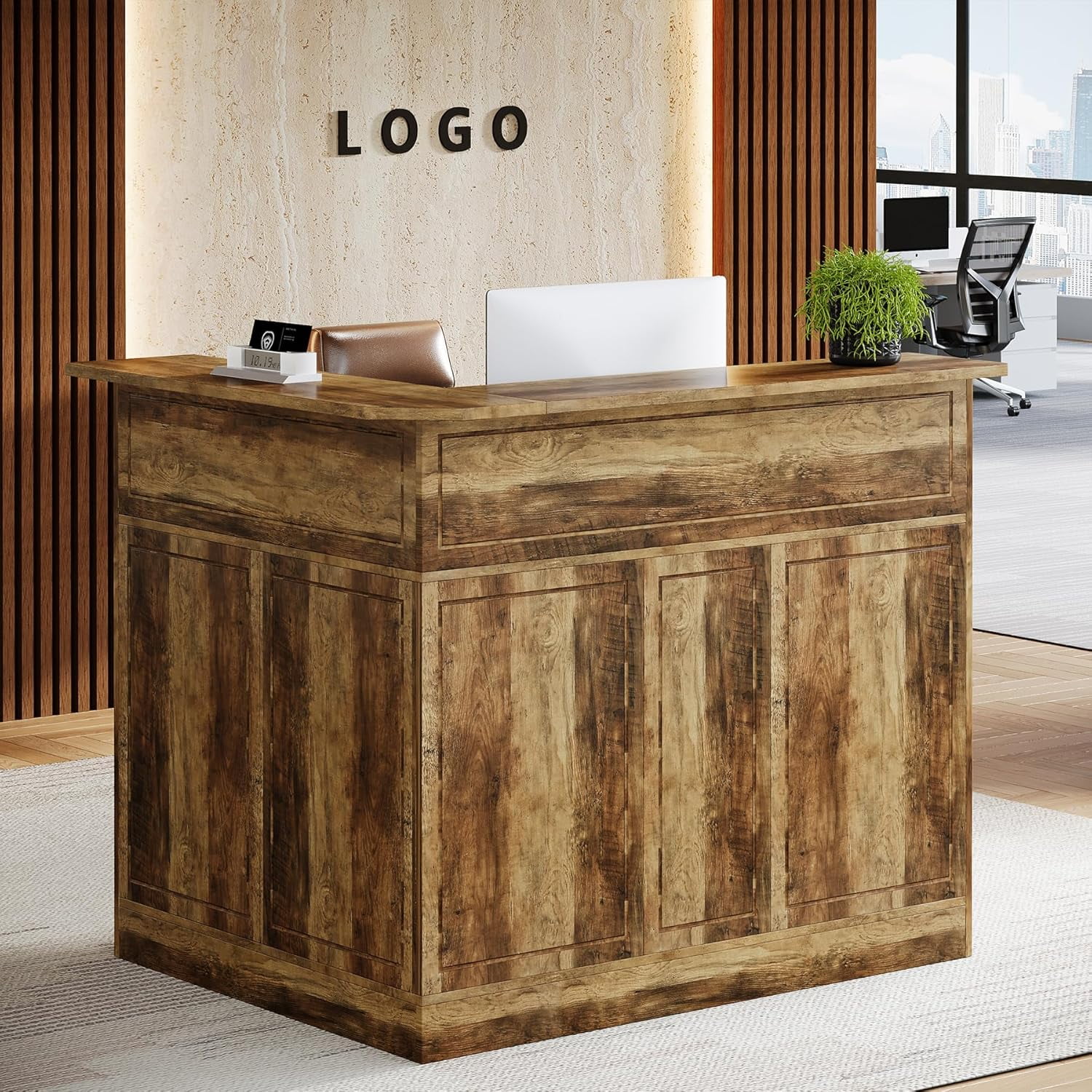 Finmind L-Shaped Reception Desk with Storage Shelves for Small Office ...