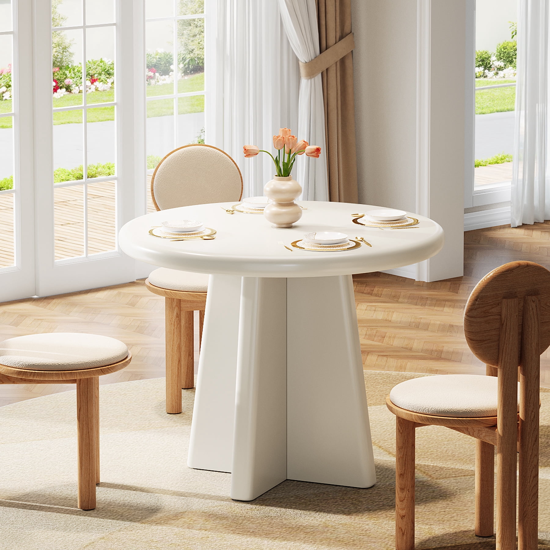 Finmind Round Dining Table for 2-4, 31.5-Inch Small Kitchen Table,White ...