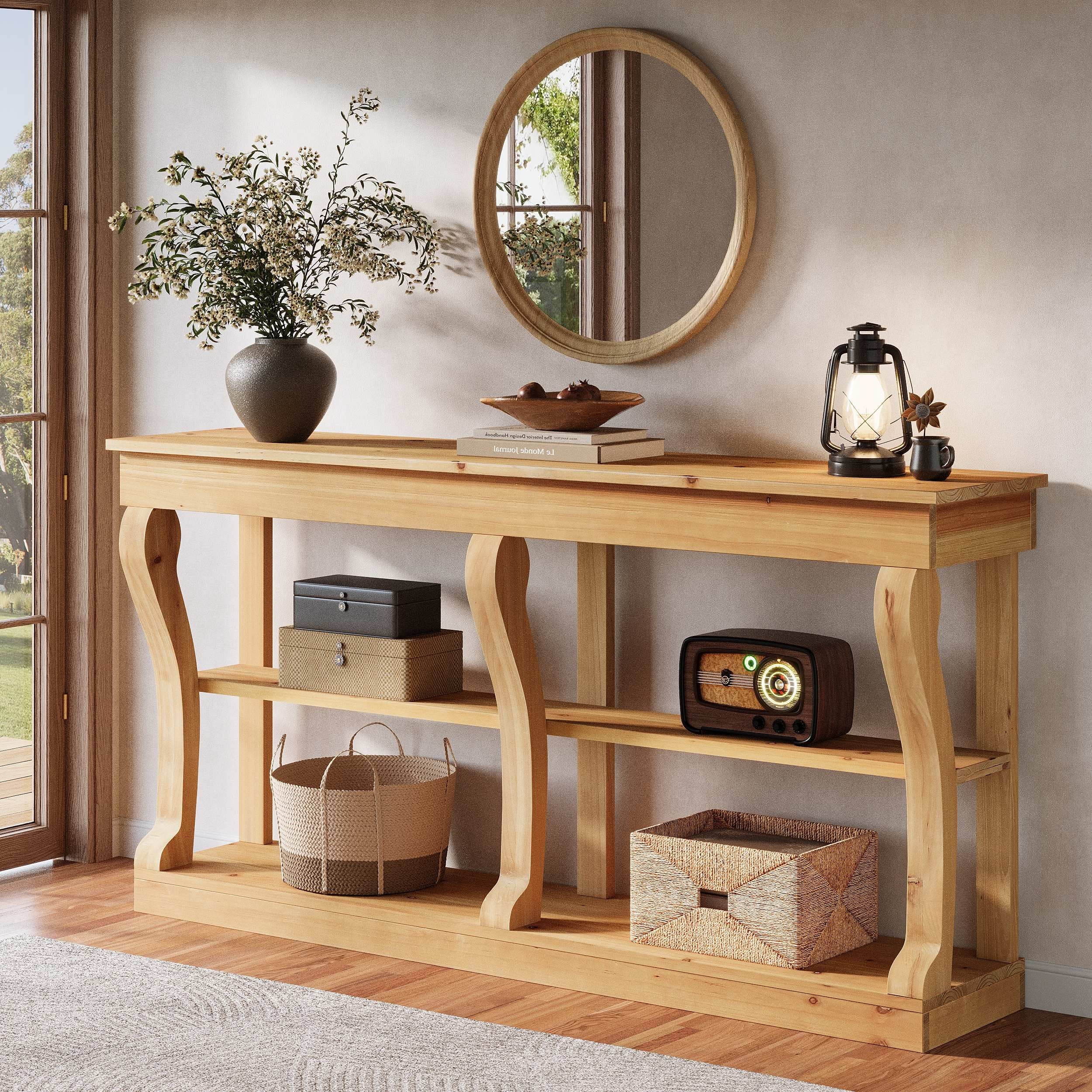 Finmind Solid Wood 3-Tier Console Table, 63-Inch Farmhouse Sofa Table ...