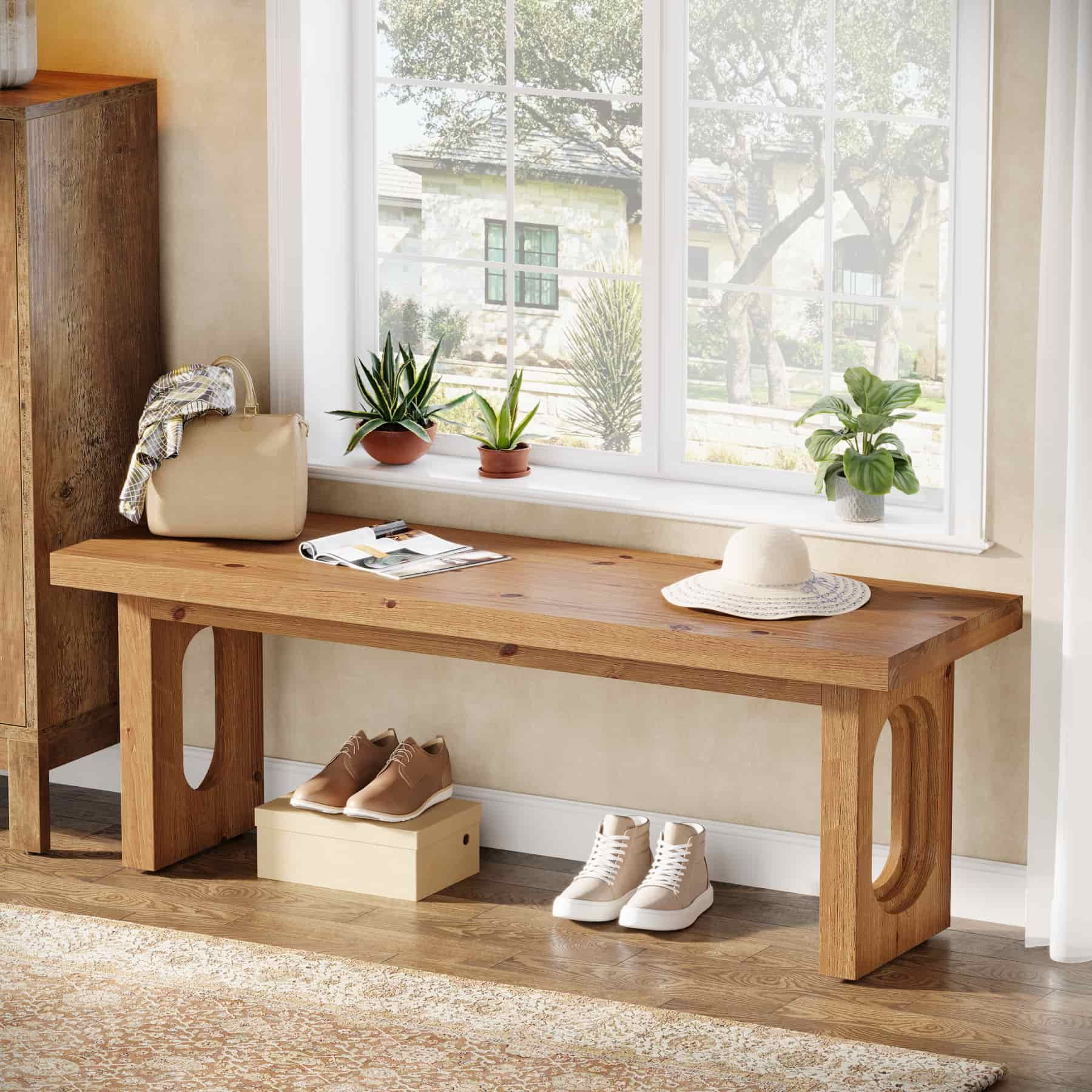 Finmind Solid Wood Bench, 43.3-Inch Farmhouse Entryway Bench for Living ...