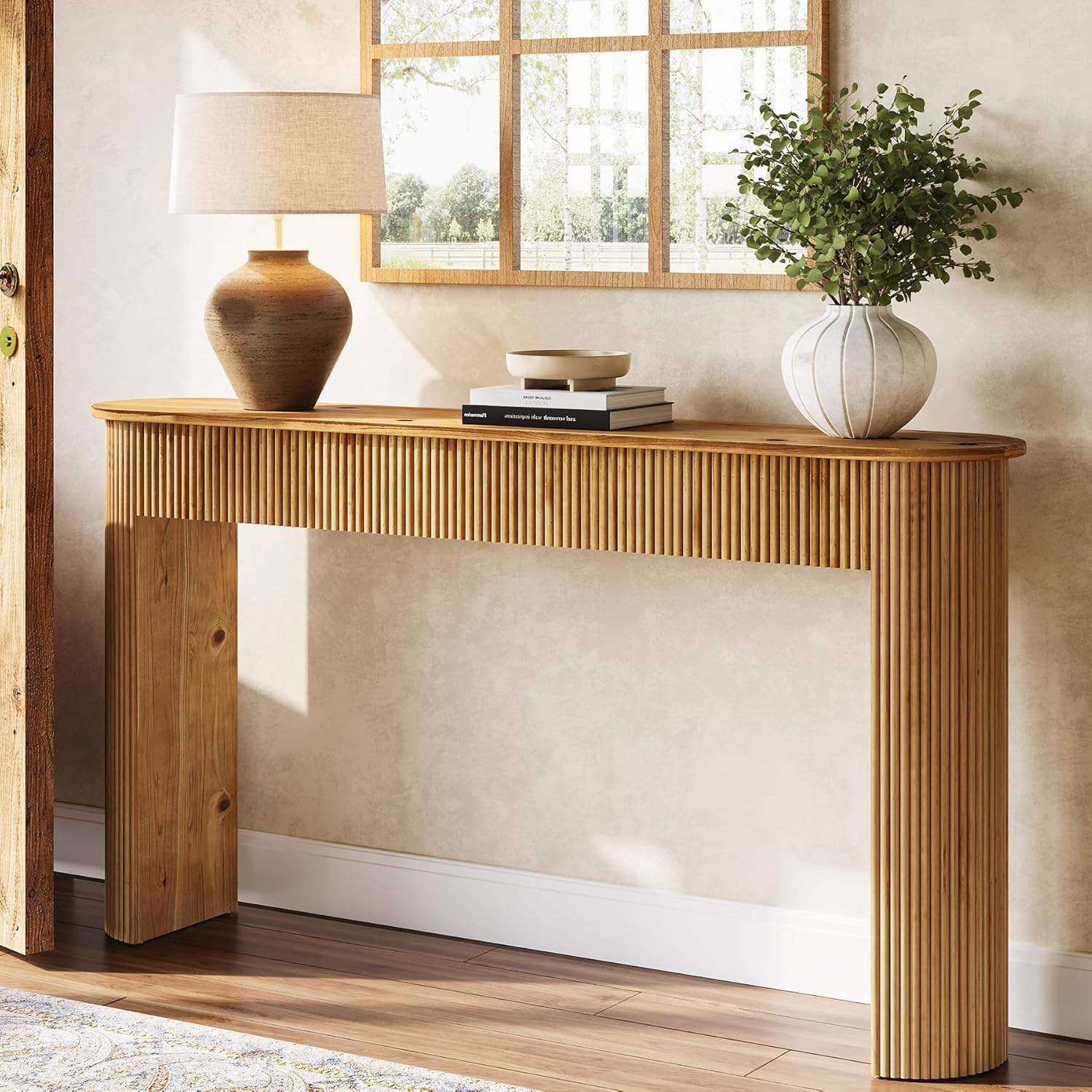 Finmind Solid Wood Console Table, 63" Long Table with Vertical Fluted ...