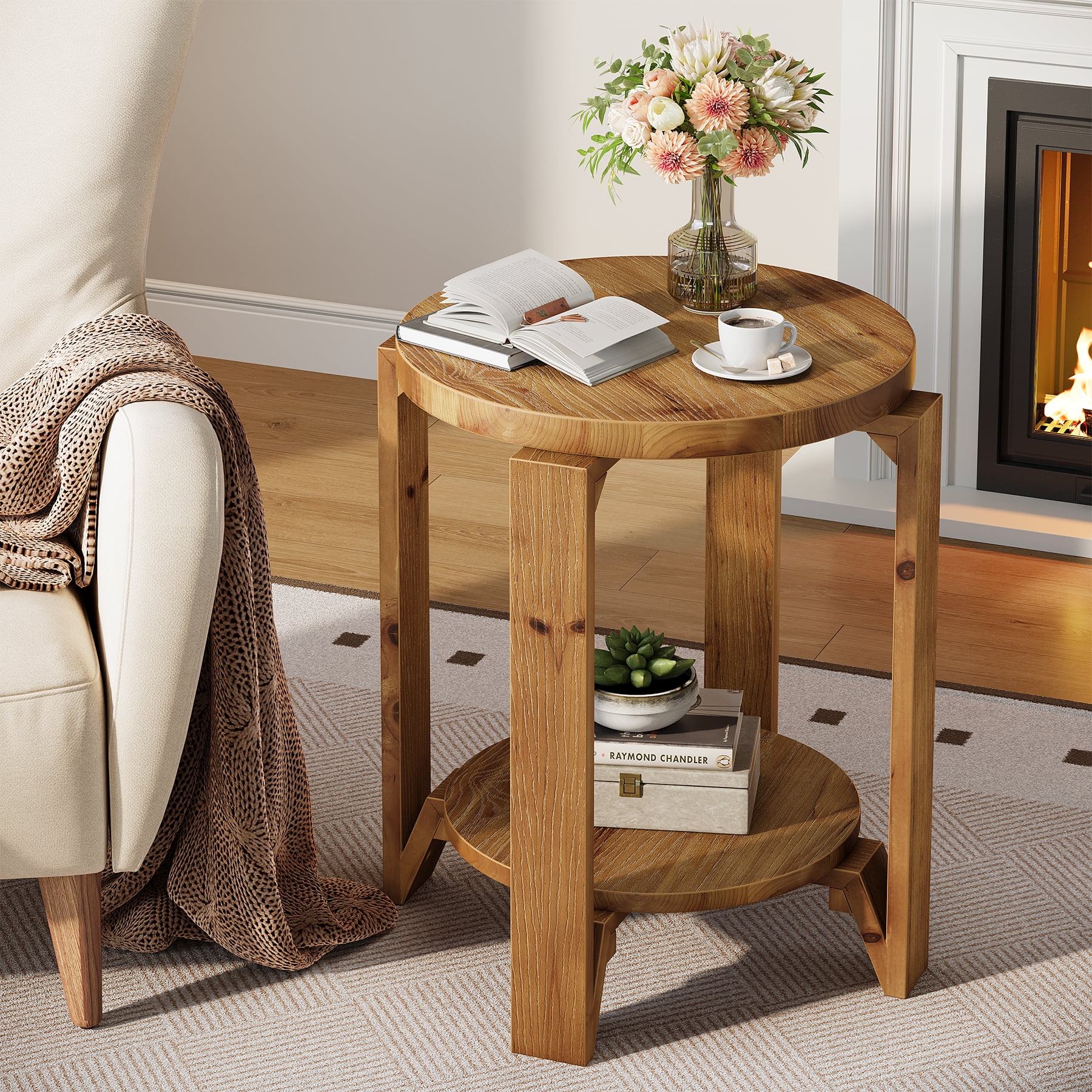 Finmind Solid Wood End Table, 2-Tier Round Sofa Side Table with Storage ...