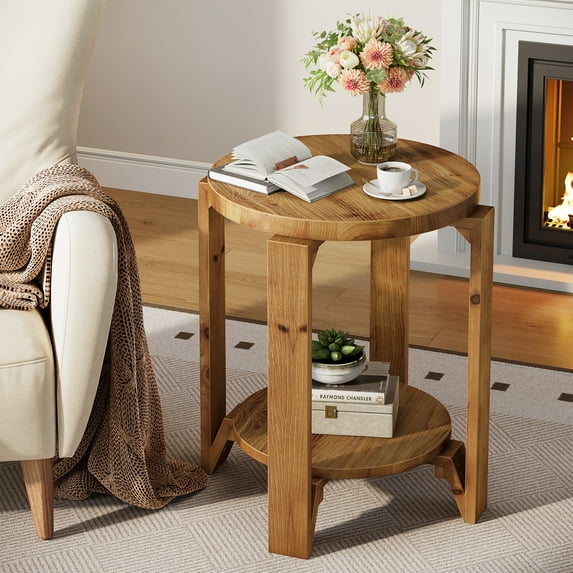 Finmind Solid Wood End Table, 2-Tier Round Sofa Side Table with Storage ...