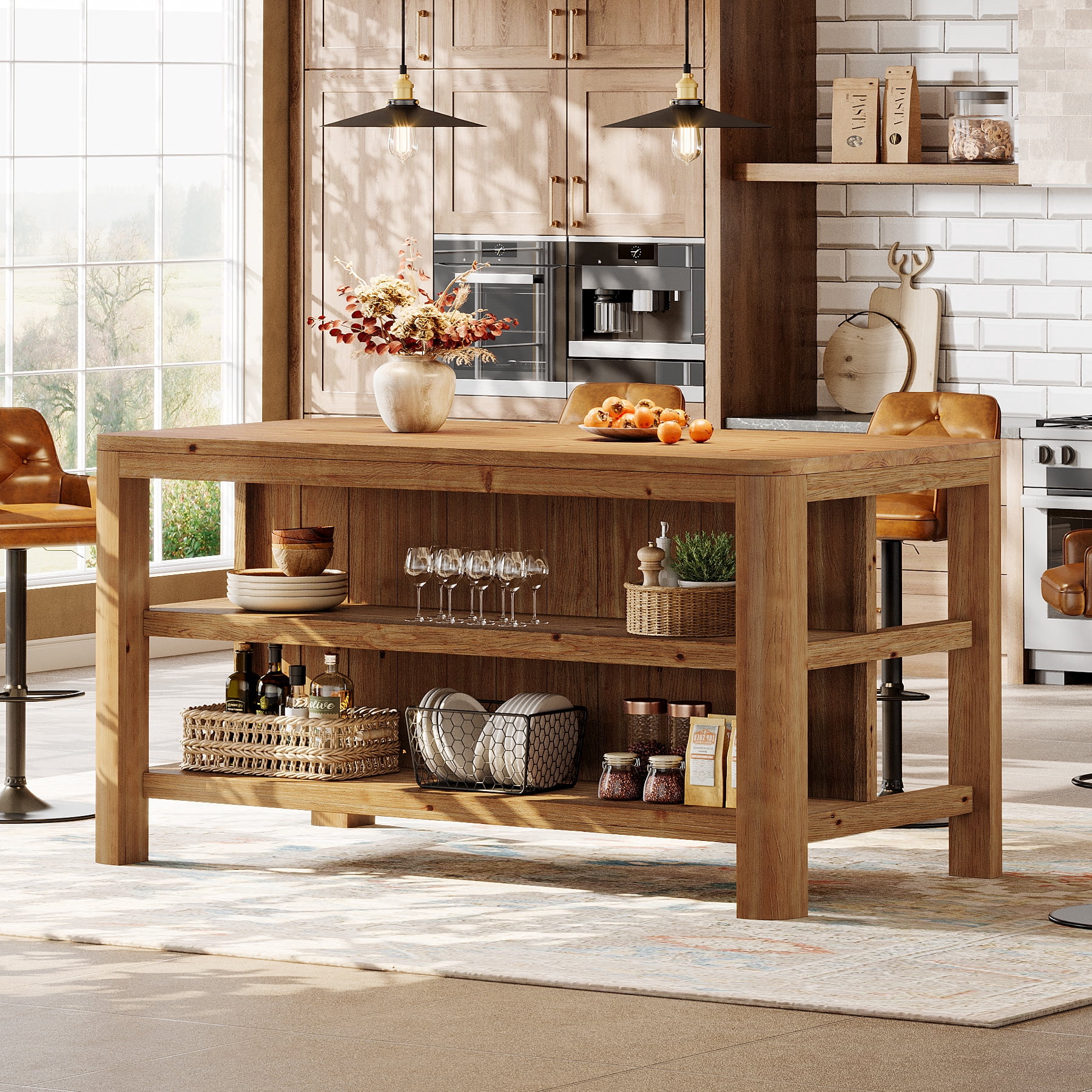 Finmind Solid Wood Kitchen Island with Storage Shelves, 63-Inch ...