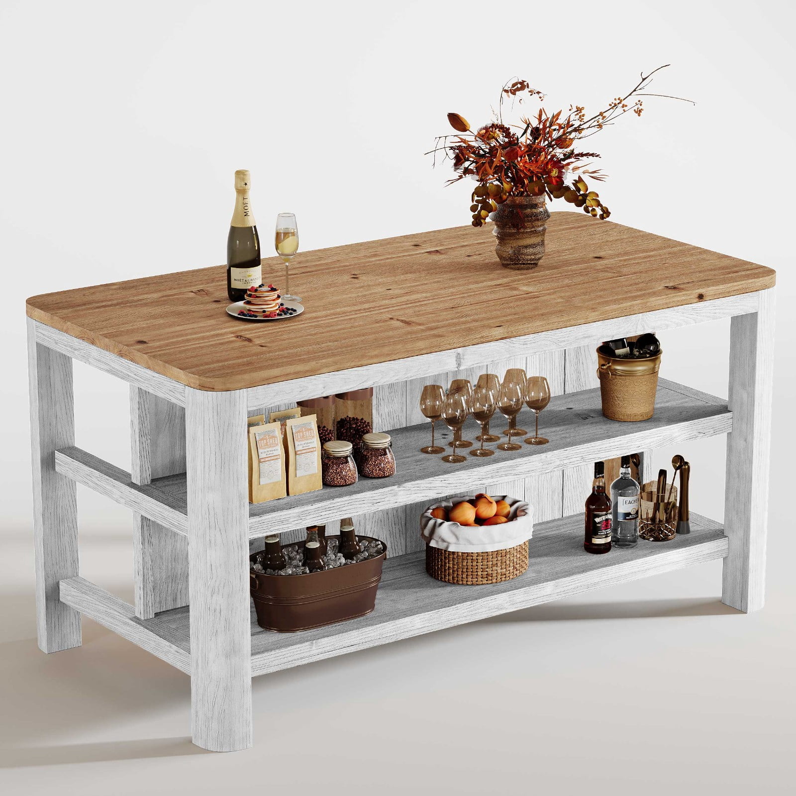 Finmind Solid Wood Kitchen Island with Storage Shelves, 63 inch ...