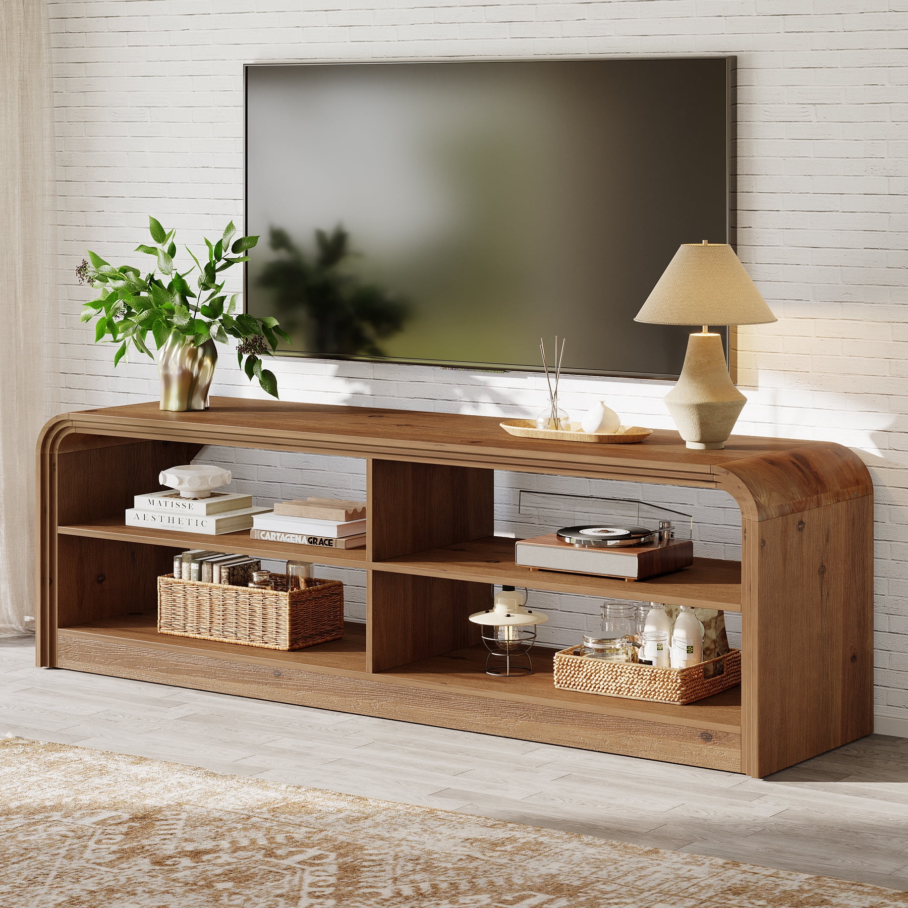 Finmind Solid Wood TV Stand, 63-inch Long Entertainment Center with ...