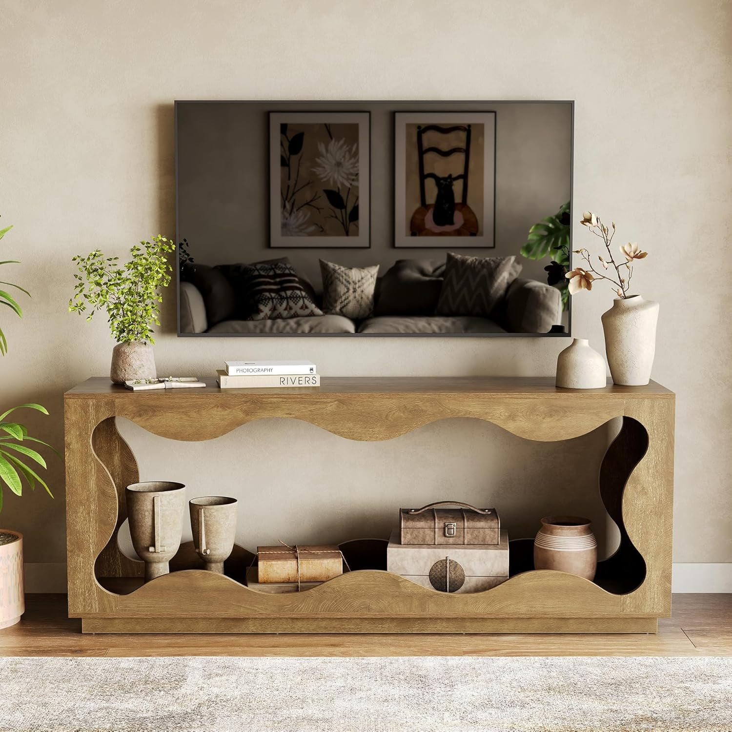 Finmind TV Stand for 32–65" TVs, Rustic Brown Media Console with Wavy ...