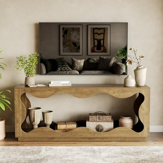 Finmind TV Stand for 32–65" TVs, Rustic Brown Media Console with Wavy ...