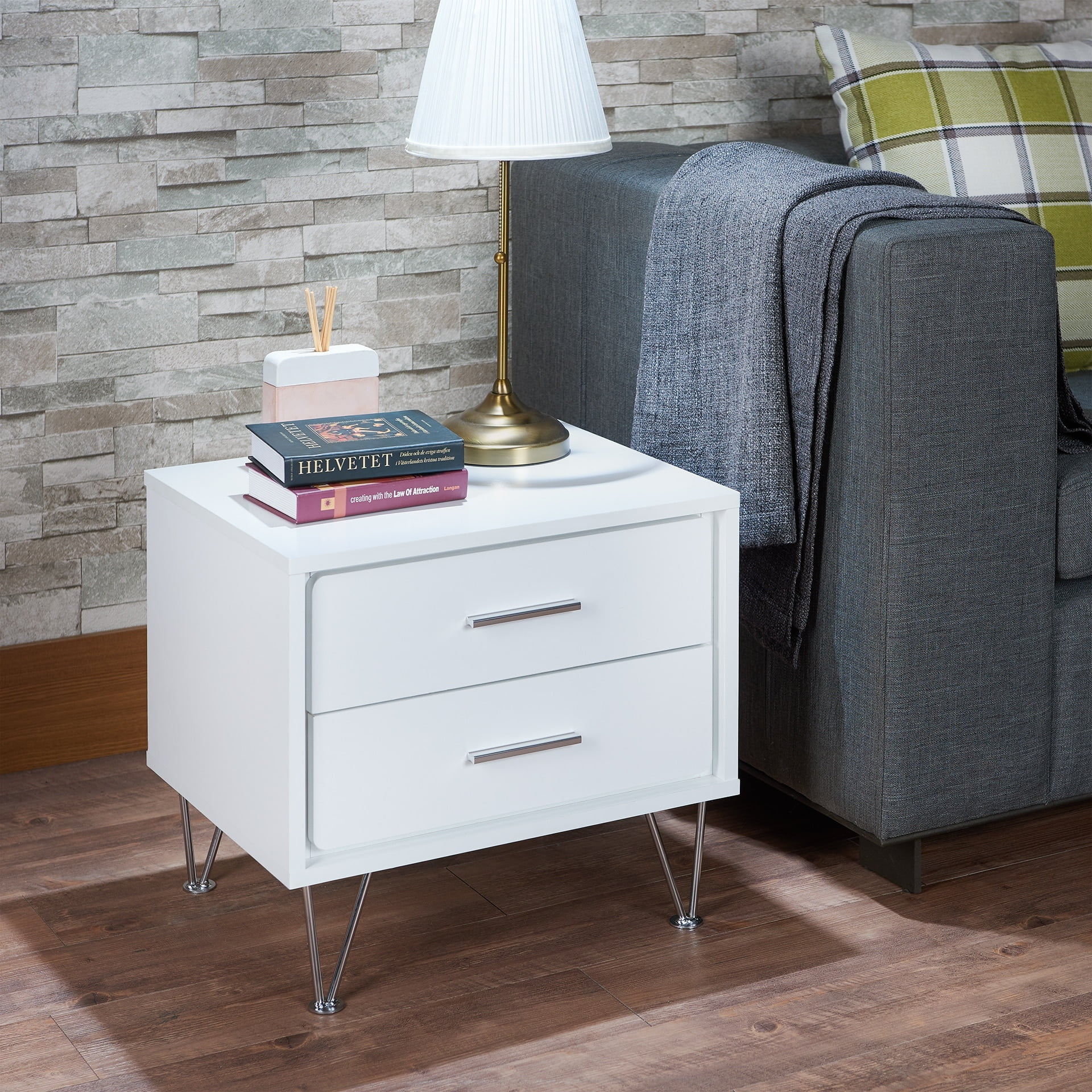 Finney 2-Drawer Accent Table with Hairpin Legs White/Chrome - Walmart.com