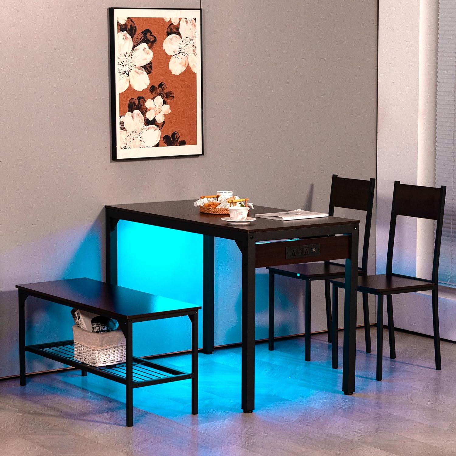 Finnhomy 43.3” Dining Table Set for 4 with LED Lights & USB-C Outlet ...