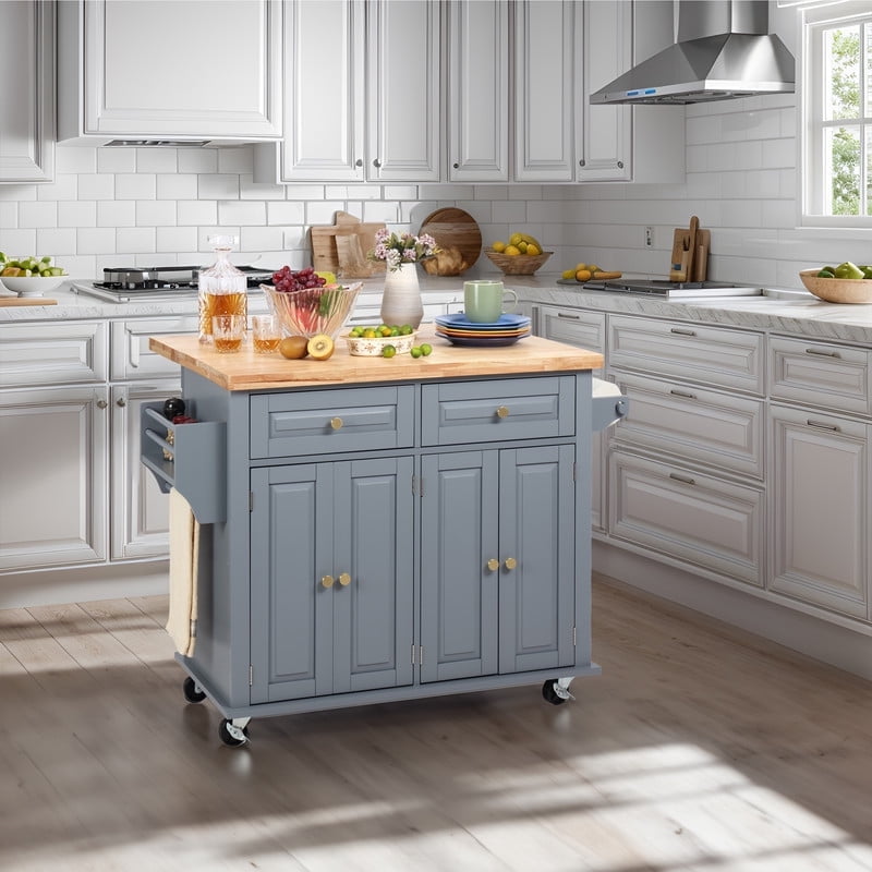 Finnhomy Rolling Kitchen Island with Drop Leaf, Thicken Rubberwood Top ...