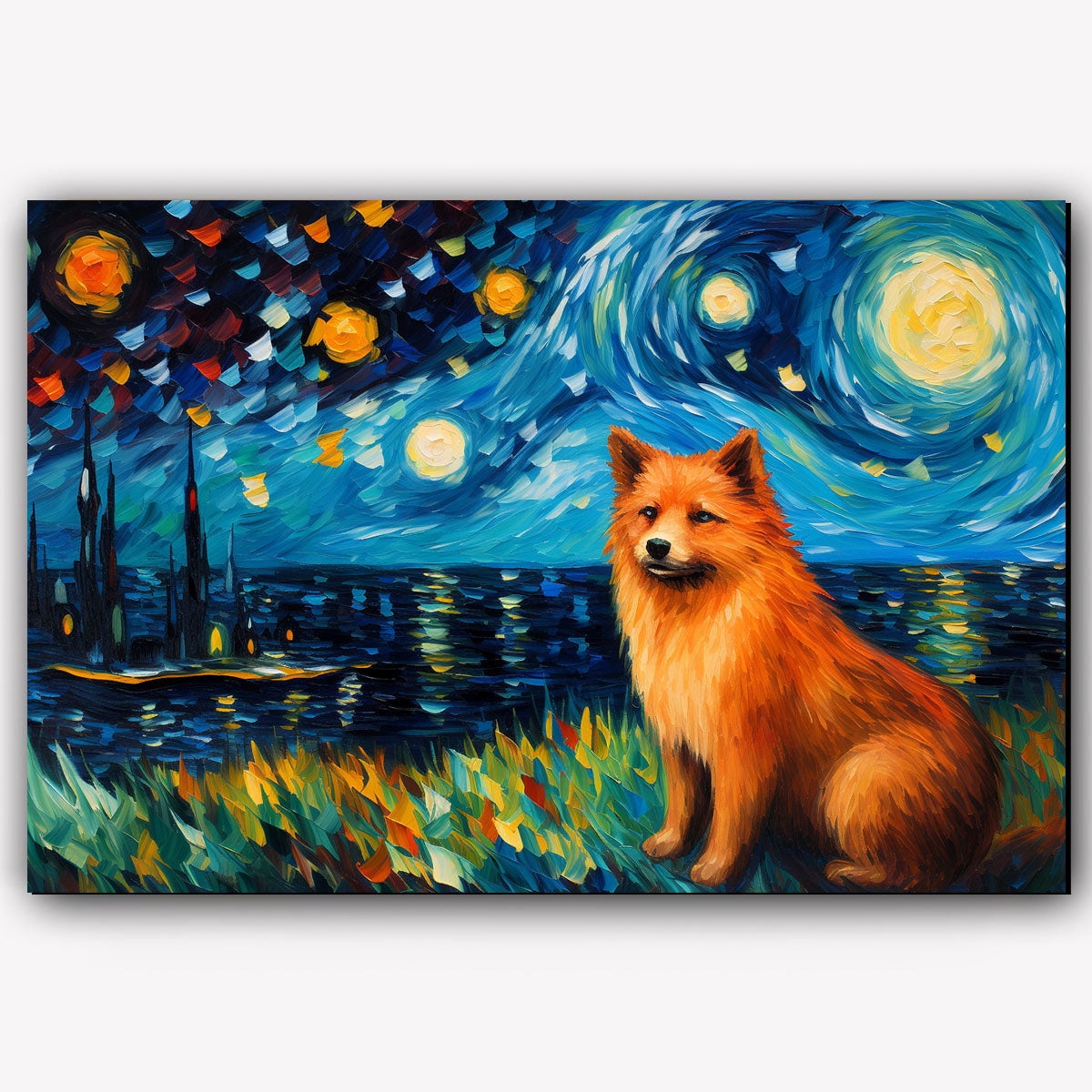 Finnish Lapphund Canvas Wall Art with Starry Night Van Gogh Painting ...