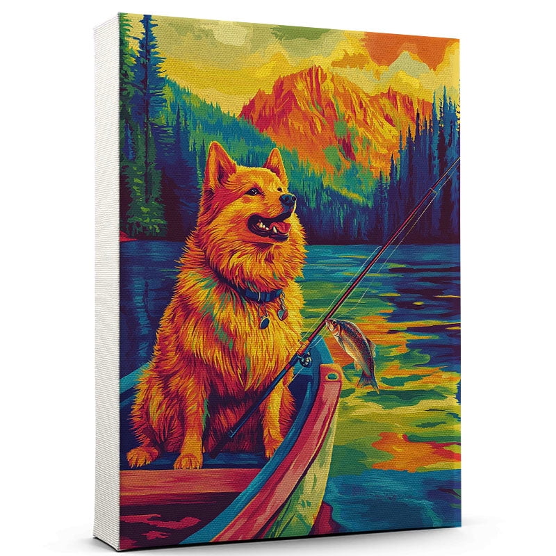 Finnish Spitz Dog Playing Fishing Stretched Canvas Size 8x12 – Vintage ...